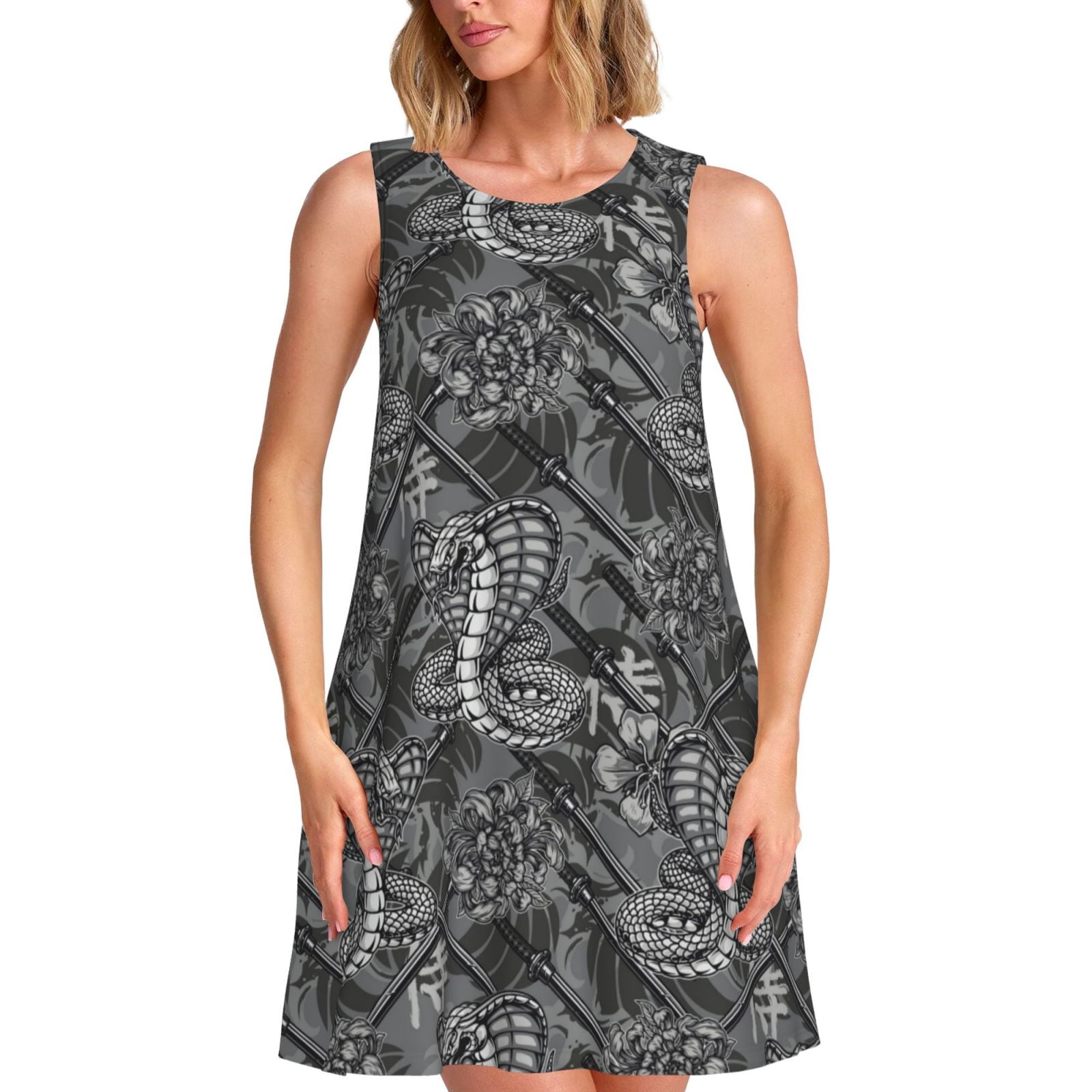 Bixox Snake Print Women's Sleeveless A-Line Dress with Pockets, Casual ...
