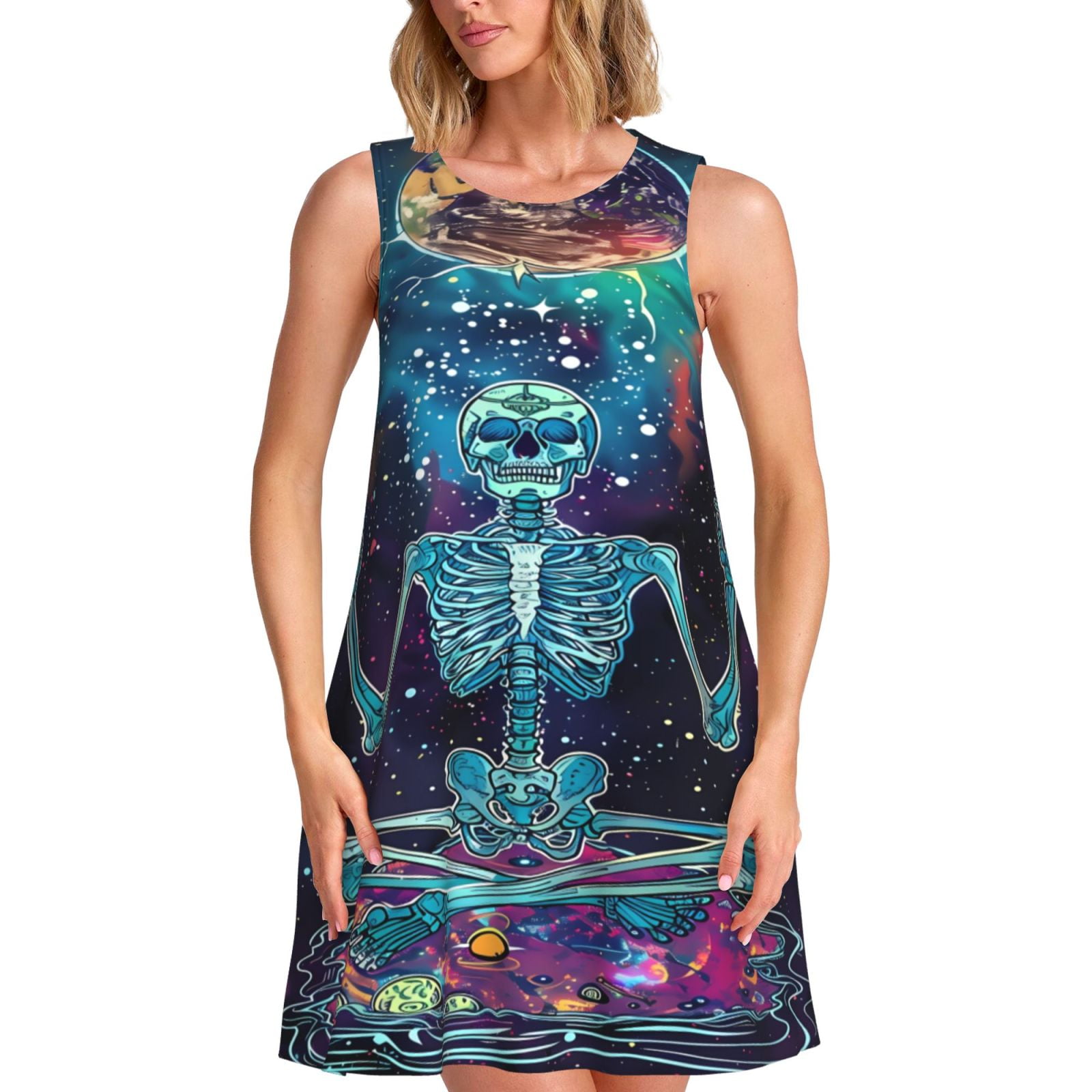 Bixox Space Skeleton Meditation Print Women's Sleeveless A-Line Dress ...