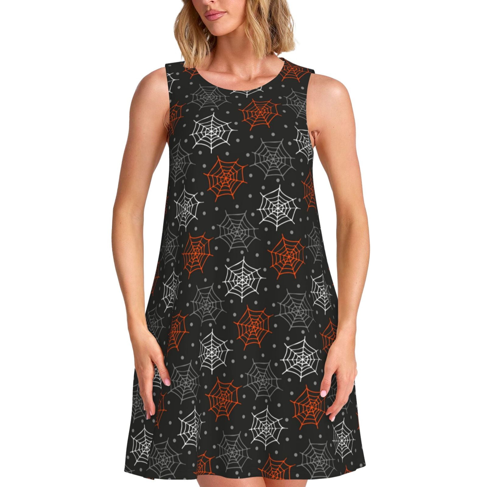 Bixox Spider Web Print Women's Sleeveless A-Line Dress with Pockets ...
