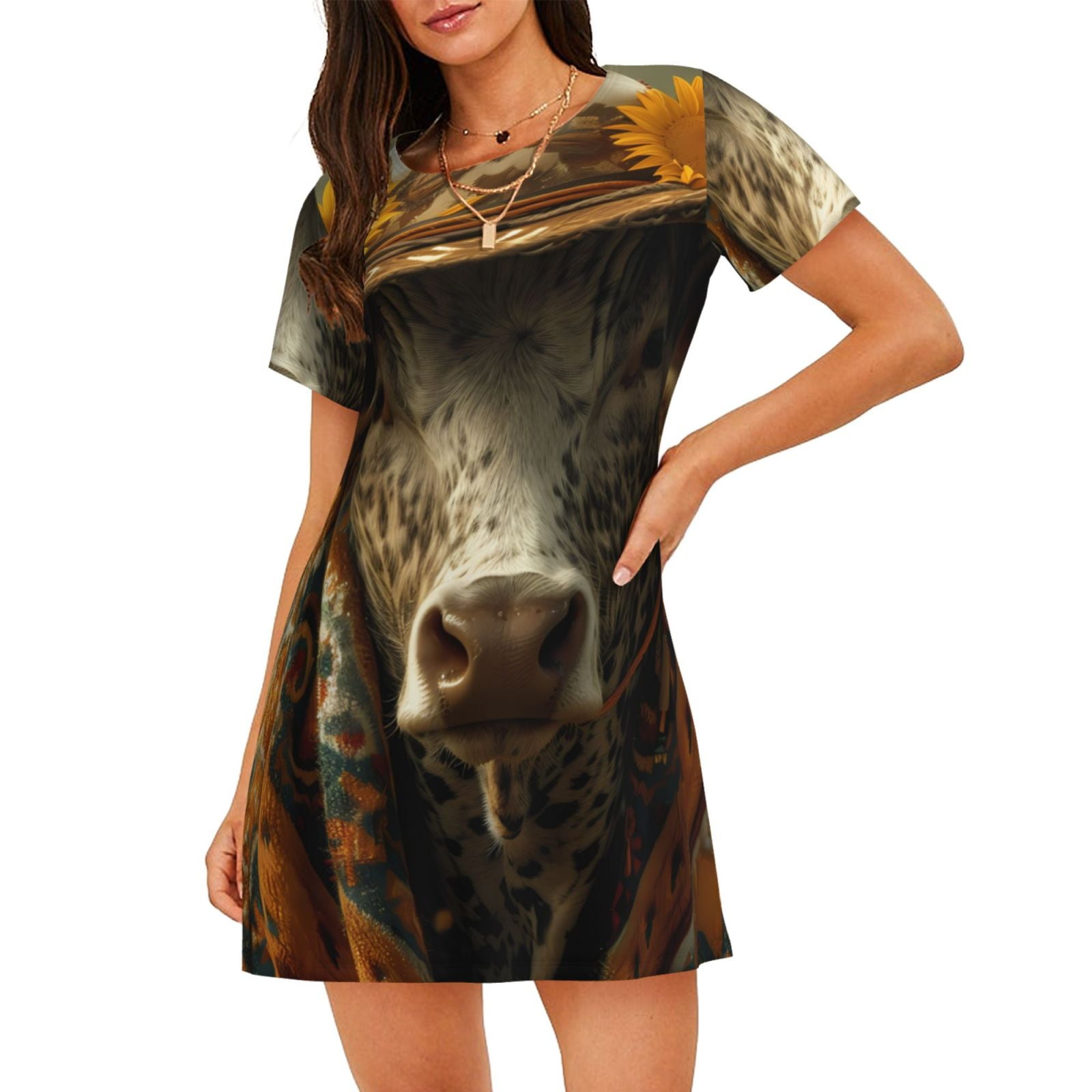 Bixox Sunflower Cowboy Hat Cow Pattern Women's Nightgown, Soft ...