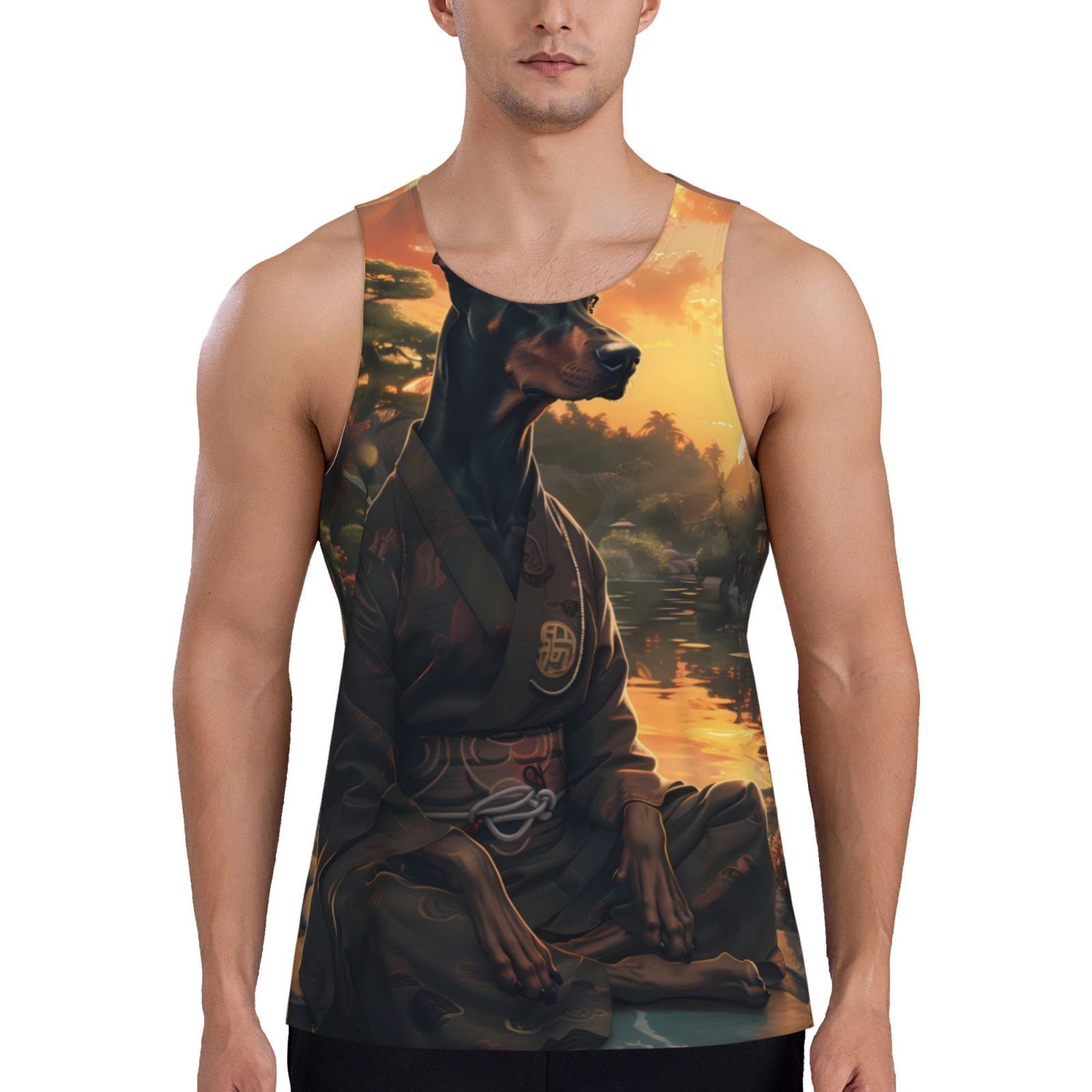 Bixox Sunset Meditating Doberman Pattern Men's Gym Tank Tops Workout ...