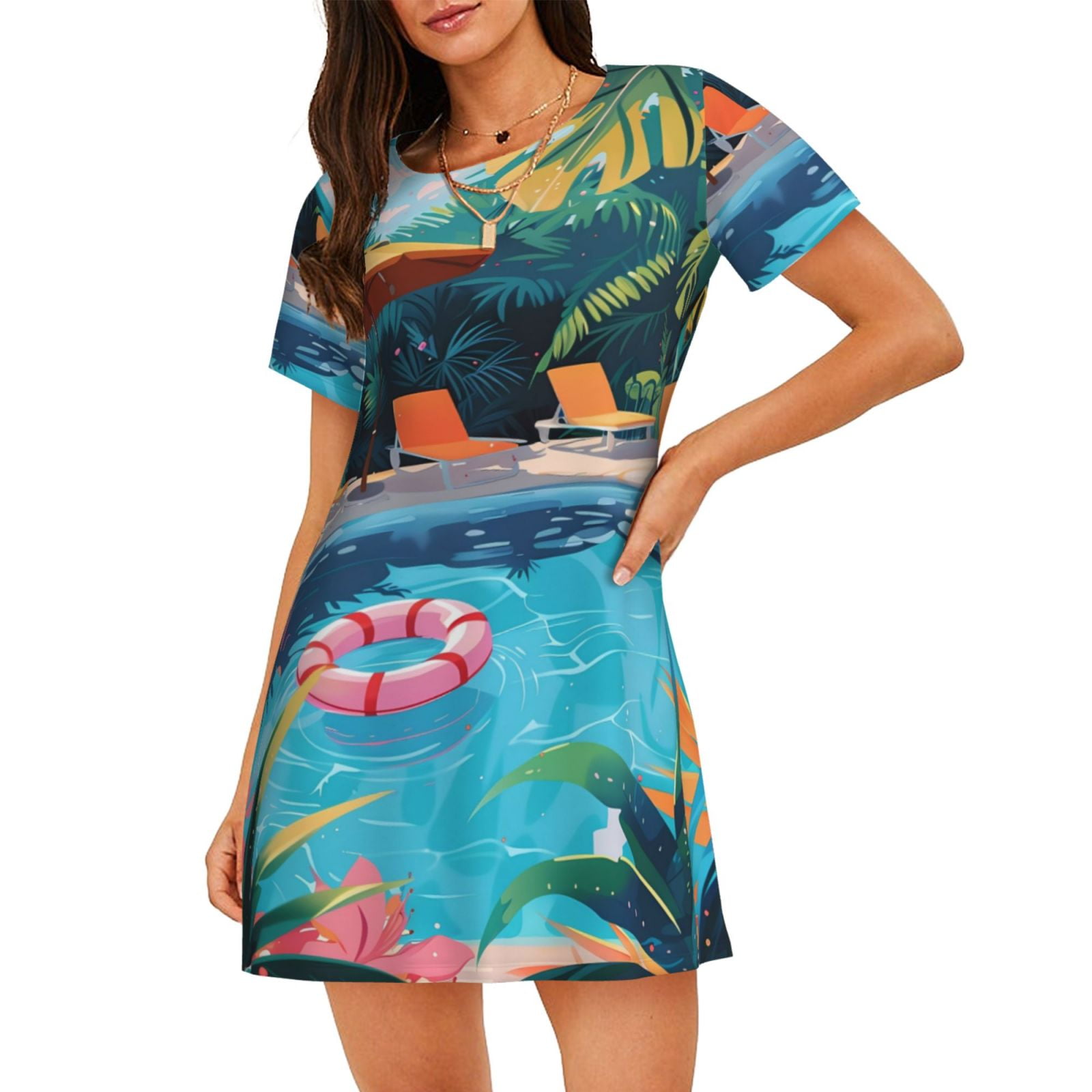 Bixox Tropical Poolside Relaxation Pattern Women's Nightgown, Soft ...