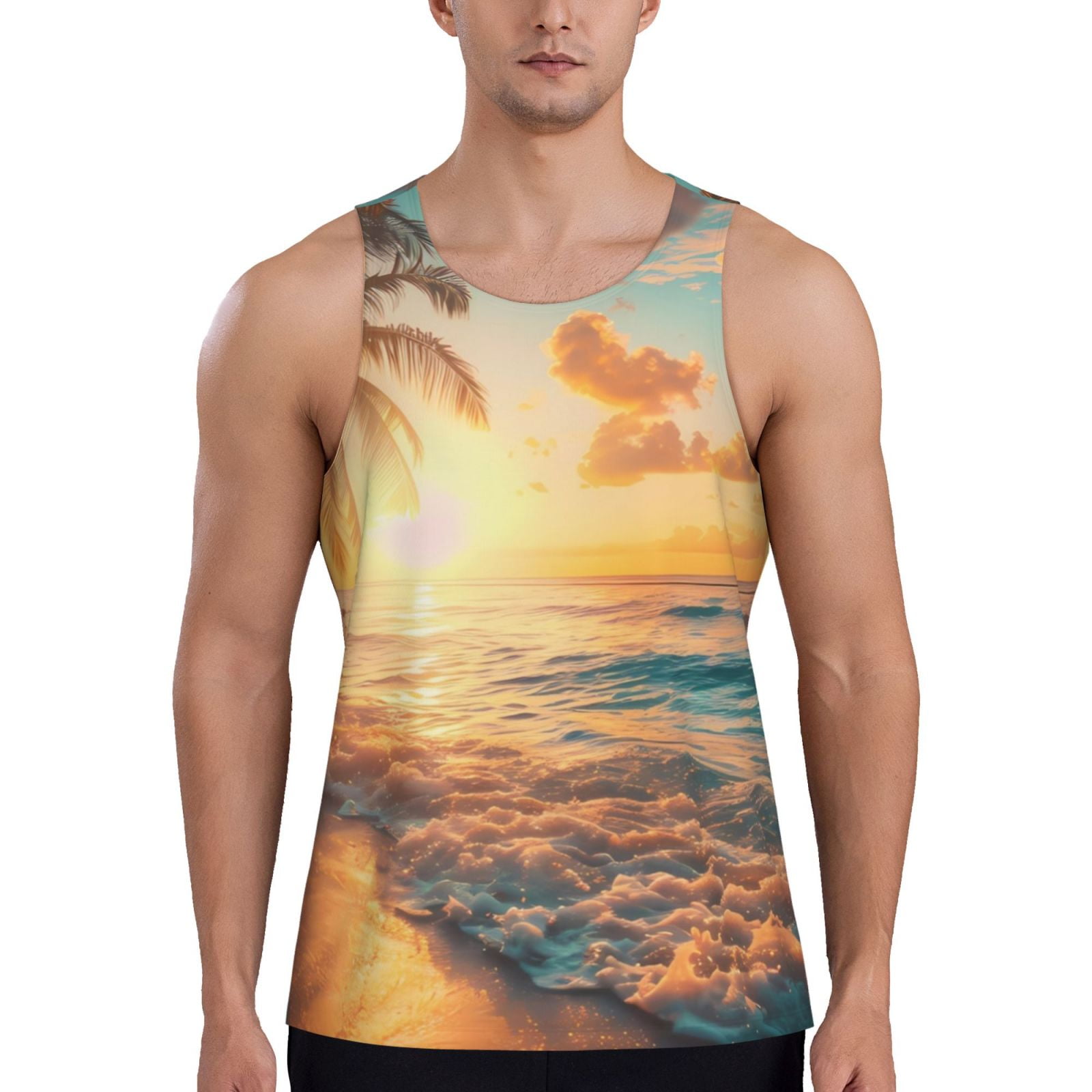 Bixox Tropical Sunset Beach Scene Pattern Men's Gym Tank Tops Workout ...