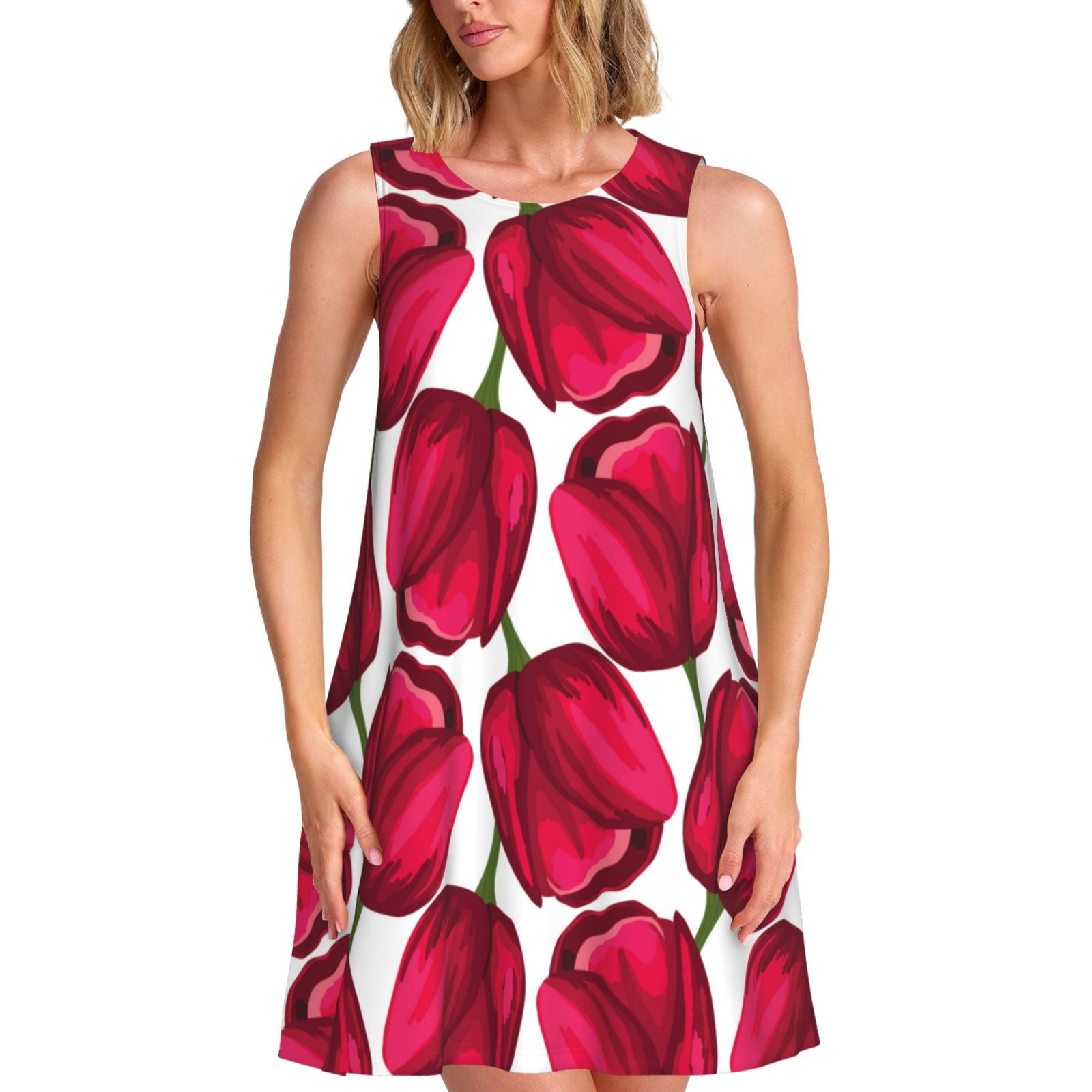 Bixox Tulips Flowers Print Women's Sleeveless A-Line Dress with Pockets ...
