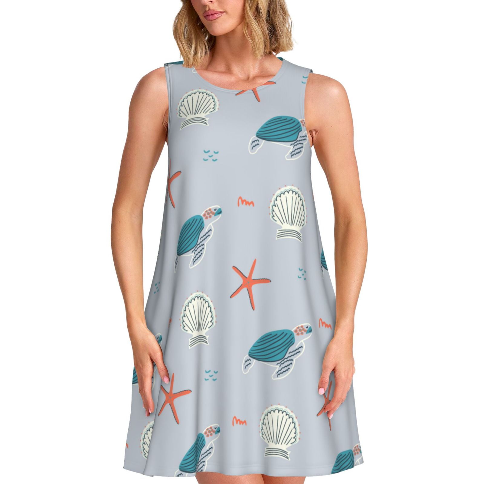 Bixox Turtles And Shells Print Women's Sleeveless A-Line Dress with ...