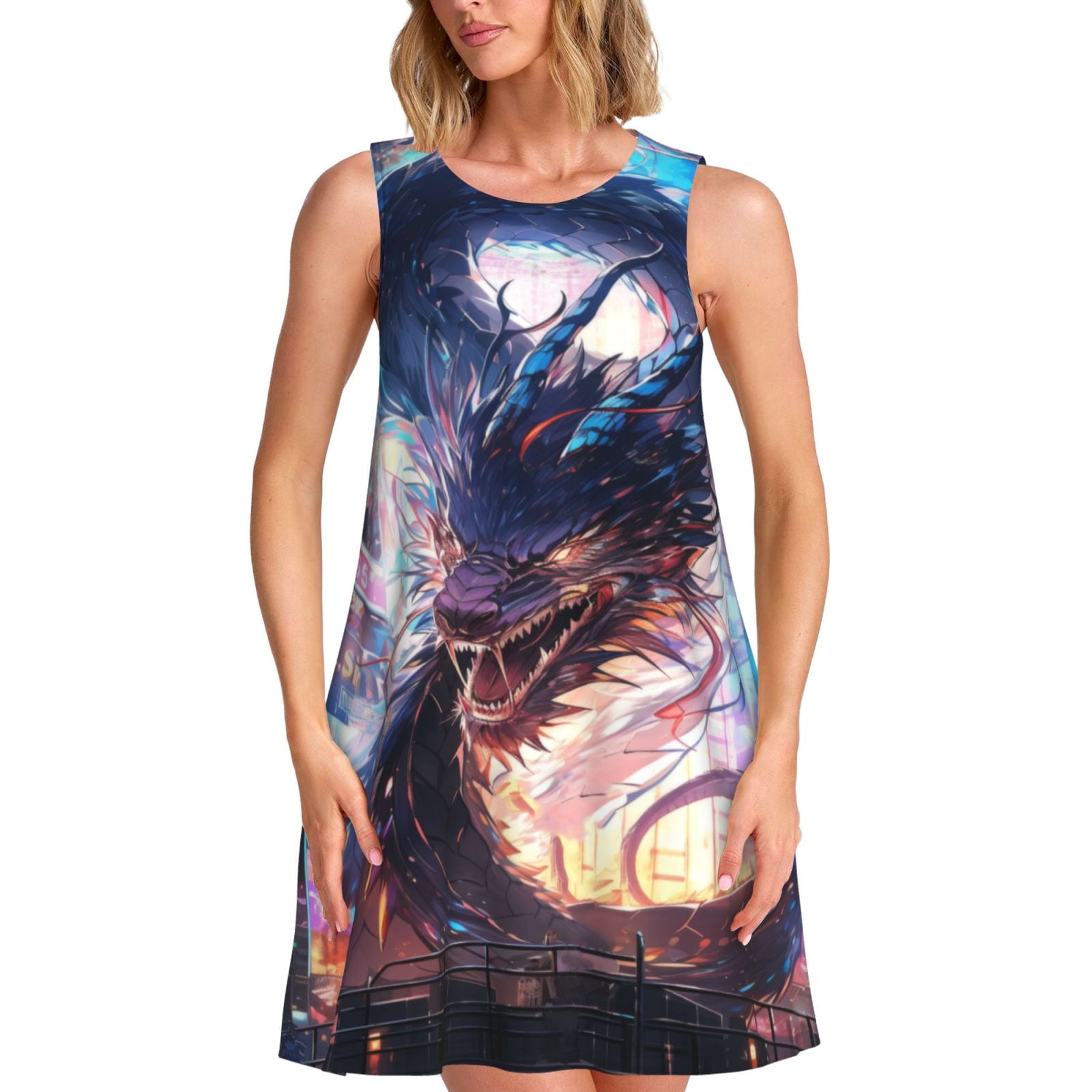 Bixox Urban Style Colorful Dragon Print Women's Sleeveless A-Line Dress ...