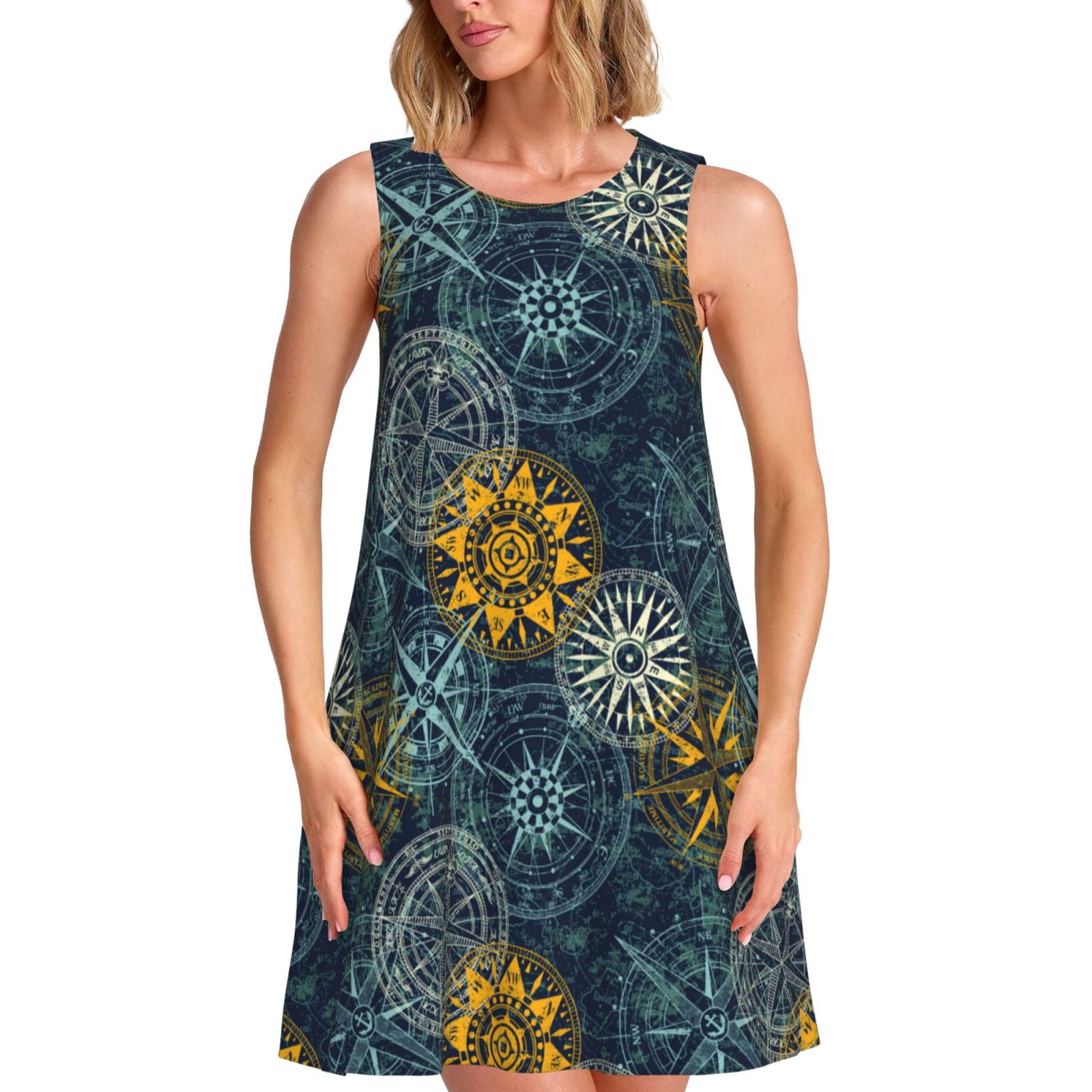 Bixox Vintage Compass Print Women's Sleeveless A-Line Dress with ...