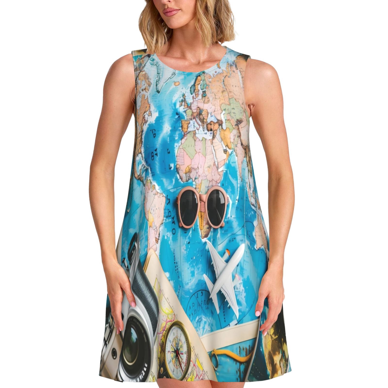 Bixox Vintage Map Travel Essentials Print Women's Sleeveless A-Line ...