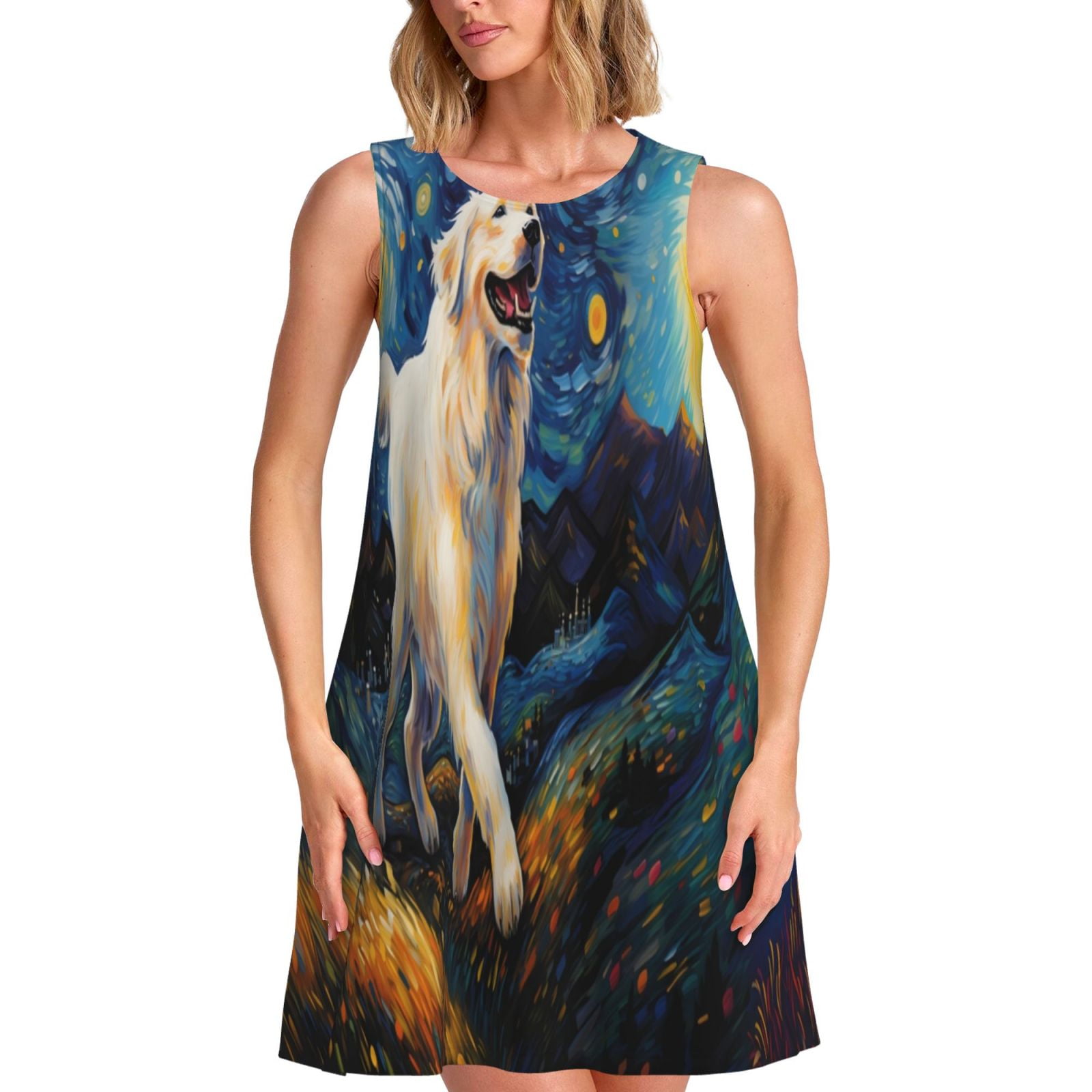 Bixox Vintage Starry Sky Labrador A Print Women's Sleeveless A-Line ...