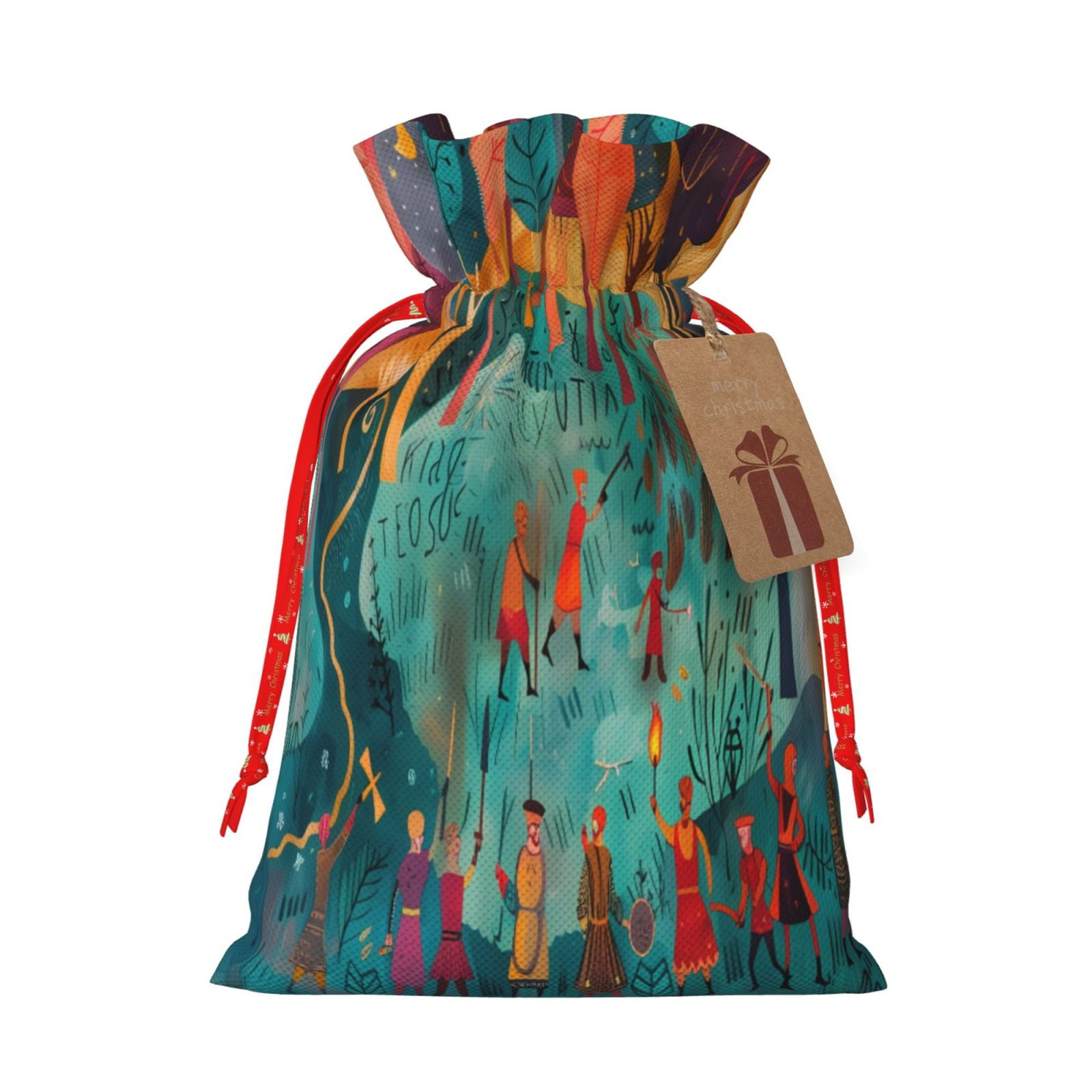 Bixox Whimsical Forest Scene Print Christmas Burlap Gift Bags with ...