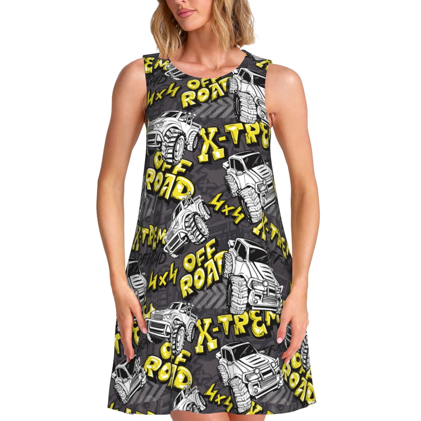 Bixox White Retro Off-Road Vehicle Print Women's Sleeveless A-Line ...