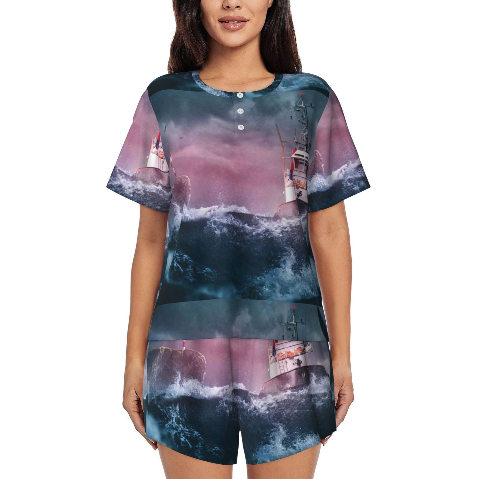 Bixox Women's Boat Lighthouse Storm Waves Printed Pajama Set 2 Piece ...