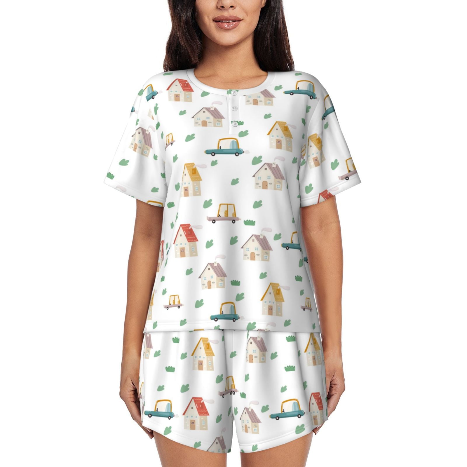Bixox Women's Cartoon House Printed Pajama Set 2 Piece Lounge Set Top ...