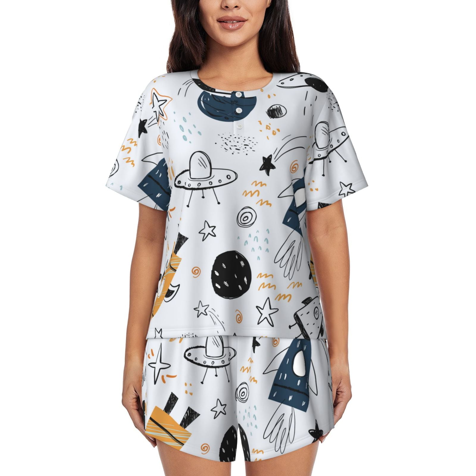 Bixox Women's Cartoon Planets Printed Pajama Set 2 Piece Lounge Set Top and Shorts Soft Pajamas ...