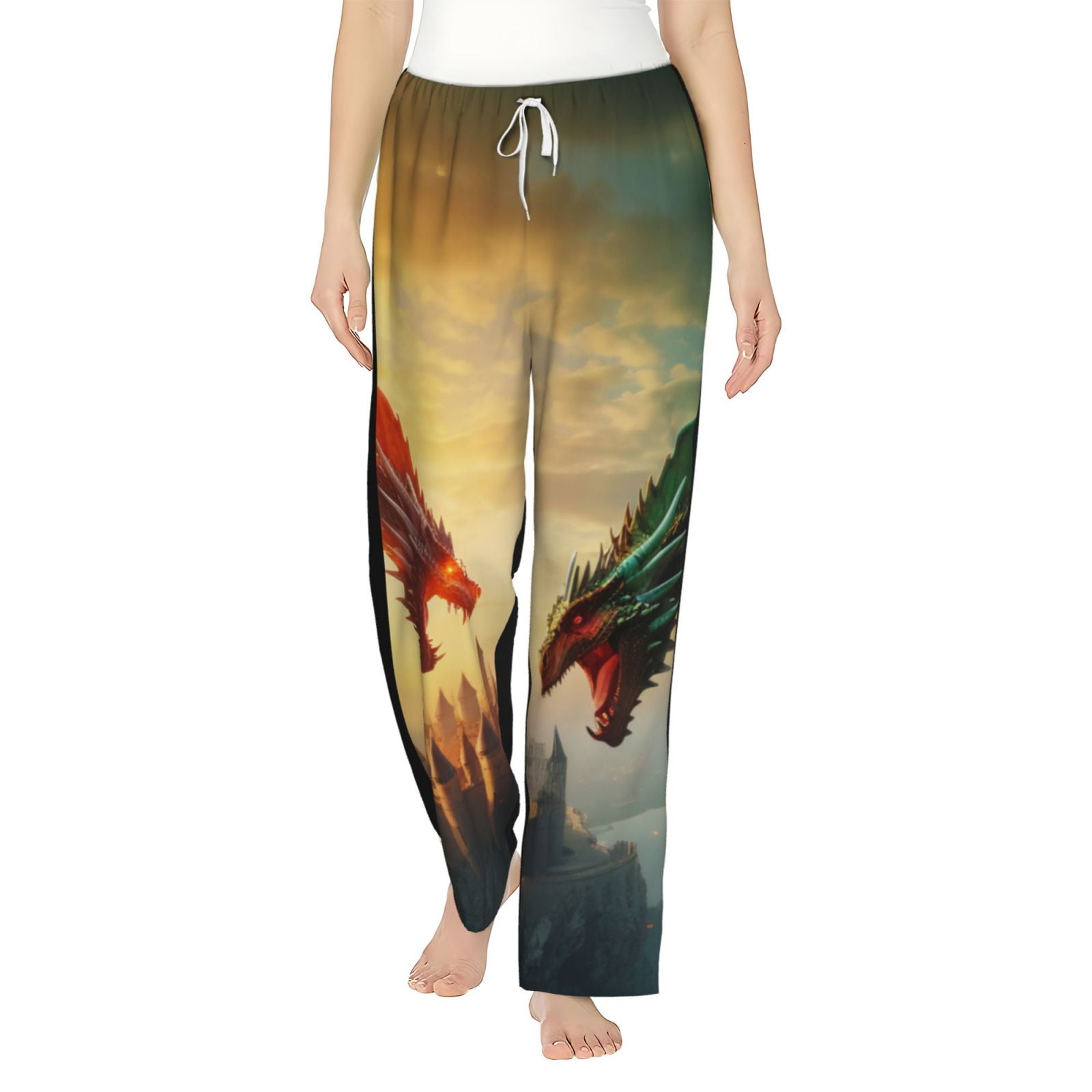 Bixox Women's Castle Red Green Sky Dragon Patterned Pajama Pants ...