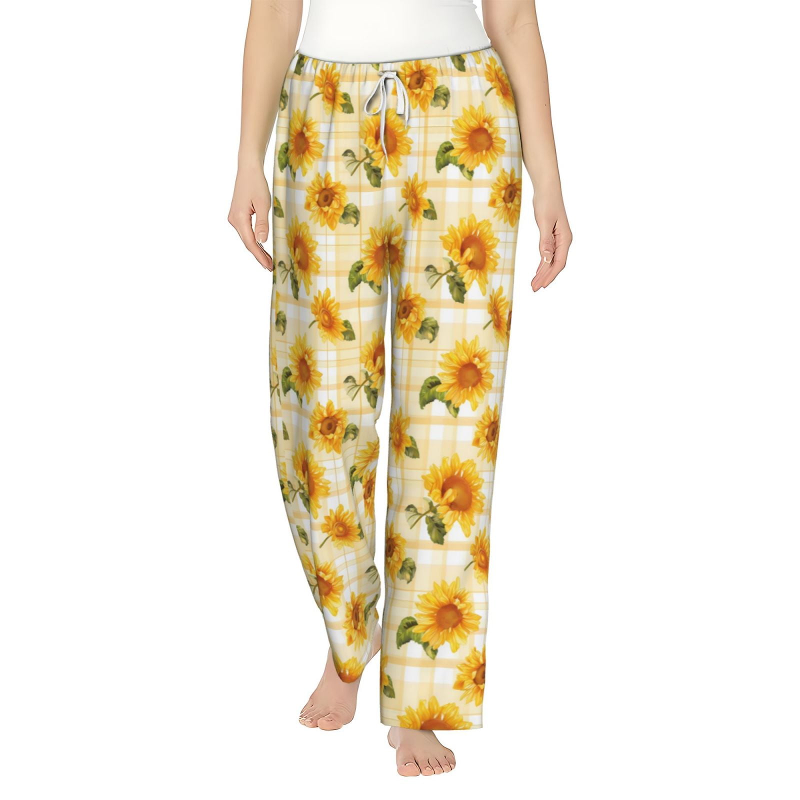 Bixox Women's Light Yellow Plaid Sunflower Patterned Pajama Pants ...