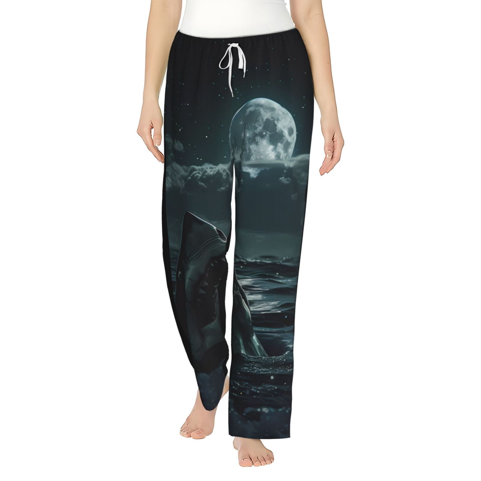 Bixox Women's Moonlit Night Sky Shark Patterned Pajama Pants Loungewear ...