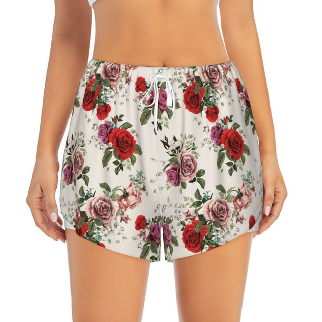 Bixox Women's Rose Flowers pattern 2 in 1 Running Shorts - Lightweight ...