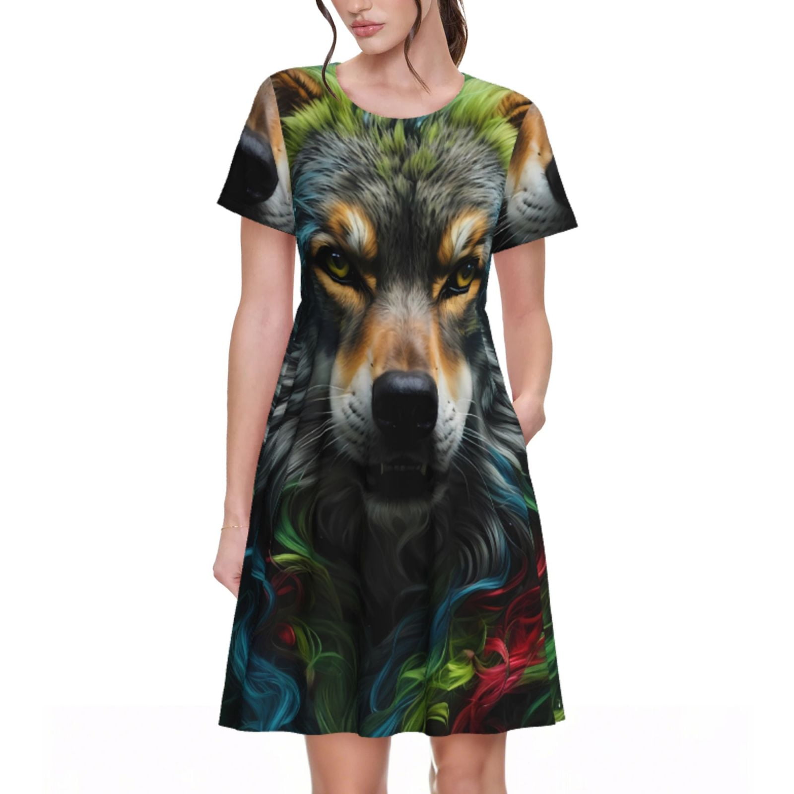 Bixox Women's Short Sleeve Summer Dress Loose Swing Knee Length Dresses with Pockets-Realistic ...