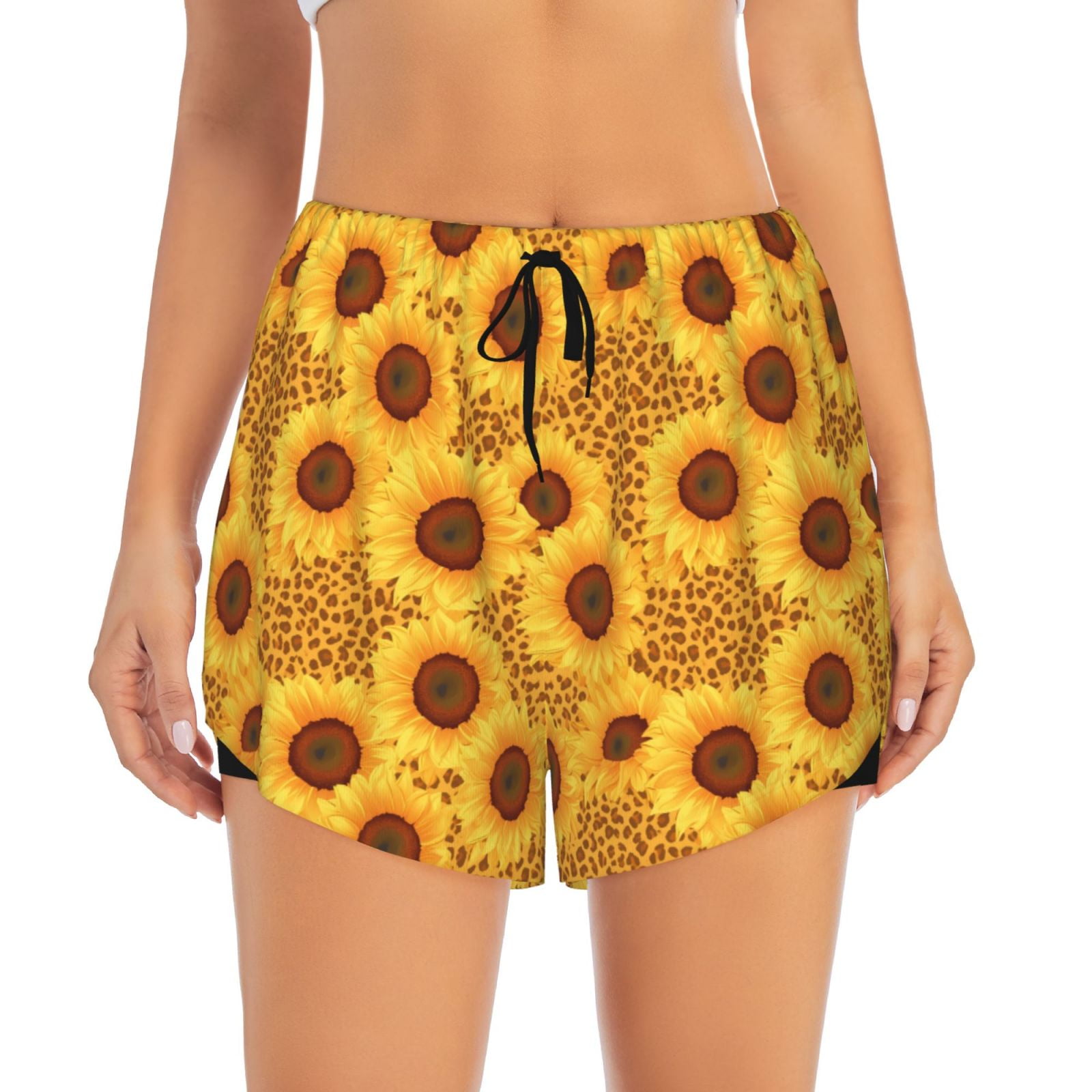 Bixox Women's Yellow Leopard Print Sunflower pattern 2 in 1 Running ...
