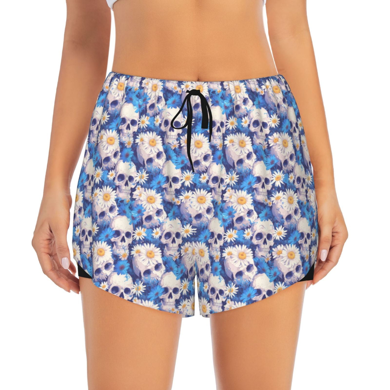 Bixox Women's white Skull blue daisy pattern 2 in 1 Running Shorts - Lightweight Athletic ...