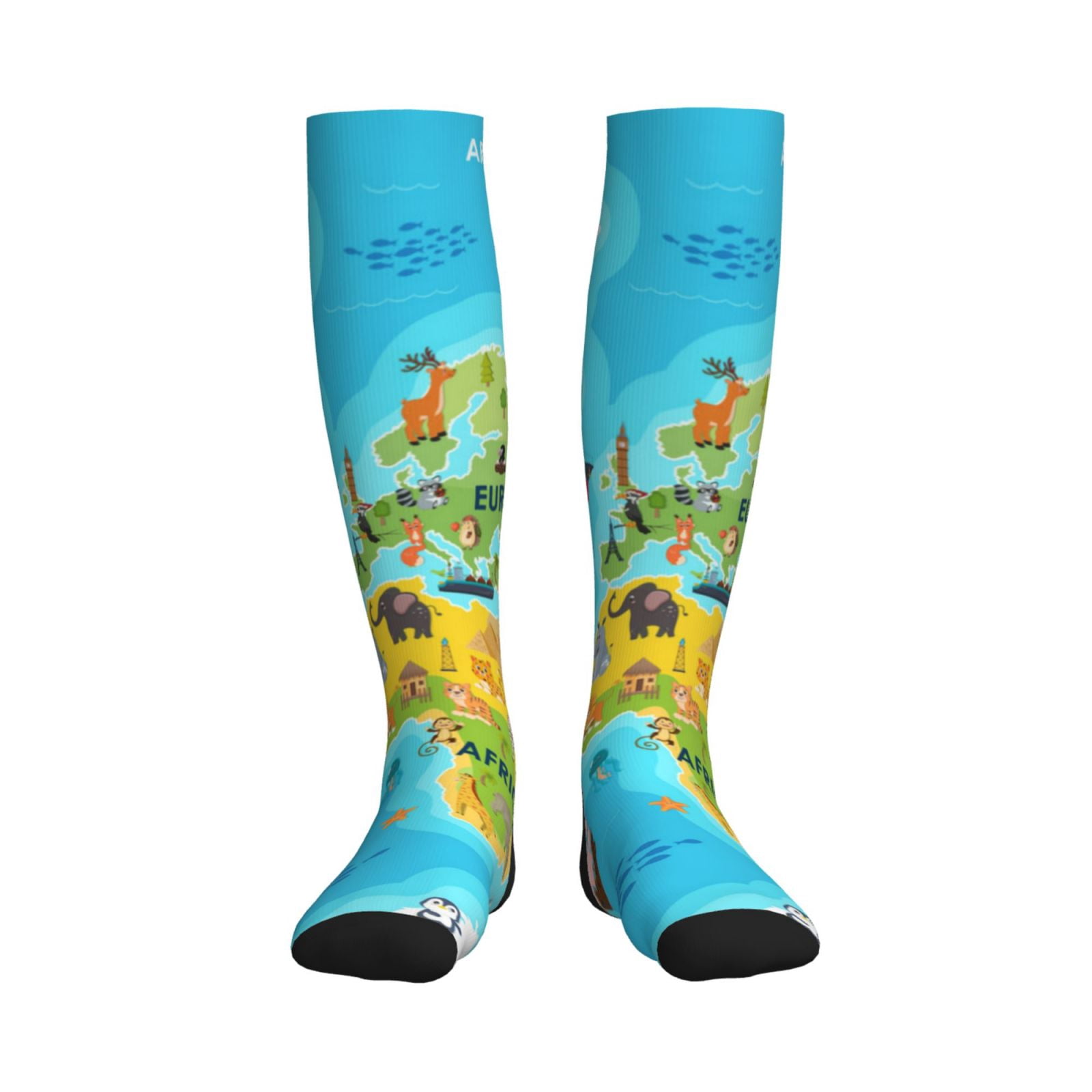 Bixox World Map With Animals Landmarks Print Compression Socks ...