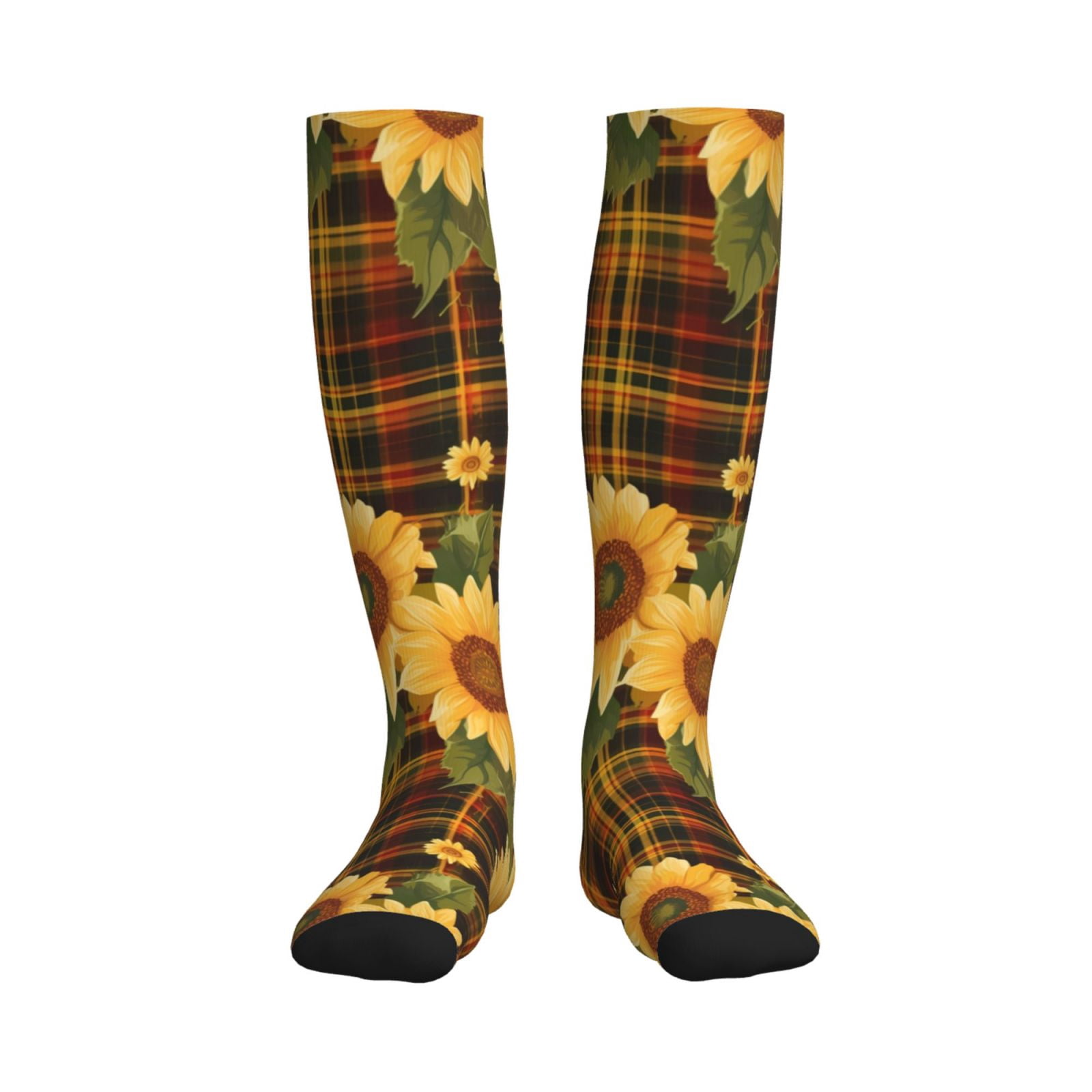Bixox Yellow Black Plaid Sunflower Print Compression Socks,Compression ...