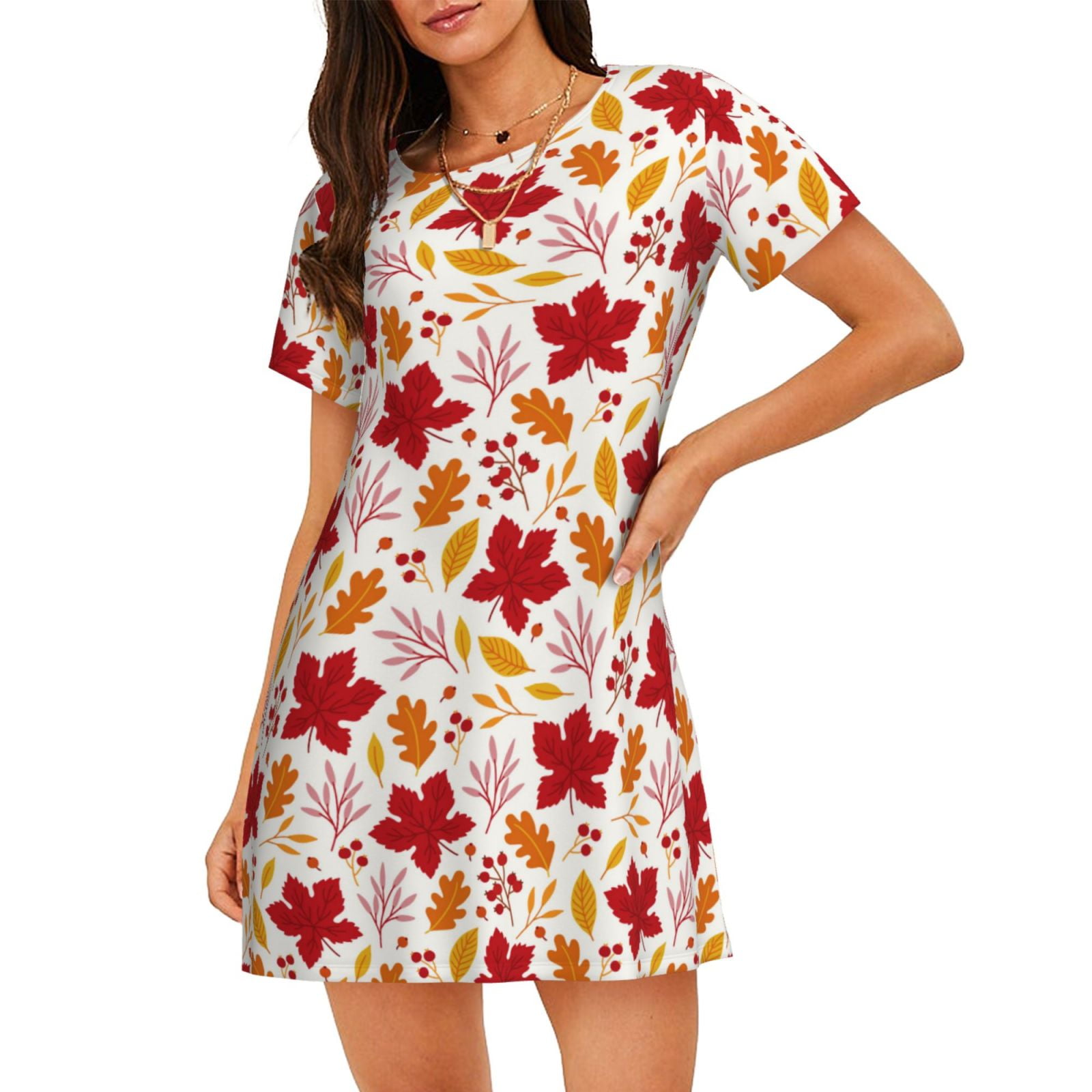 Bixox fall laef Maple Pattern Women's Nightgown, Soft & Breathable Sleepwear, Round Neck Knee ...