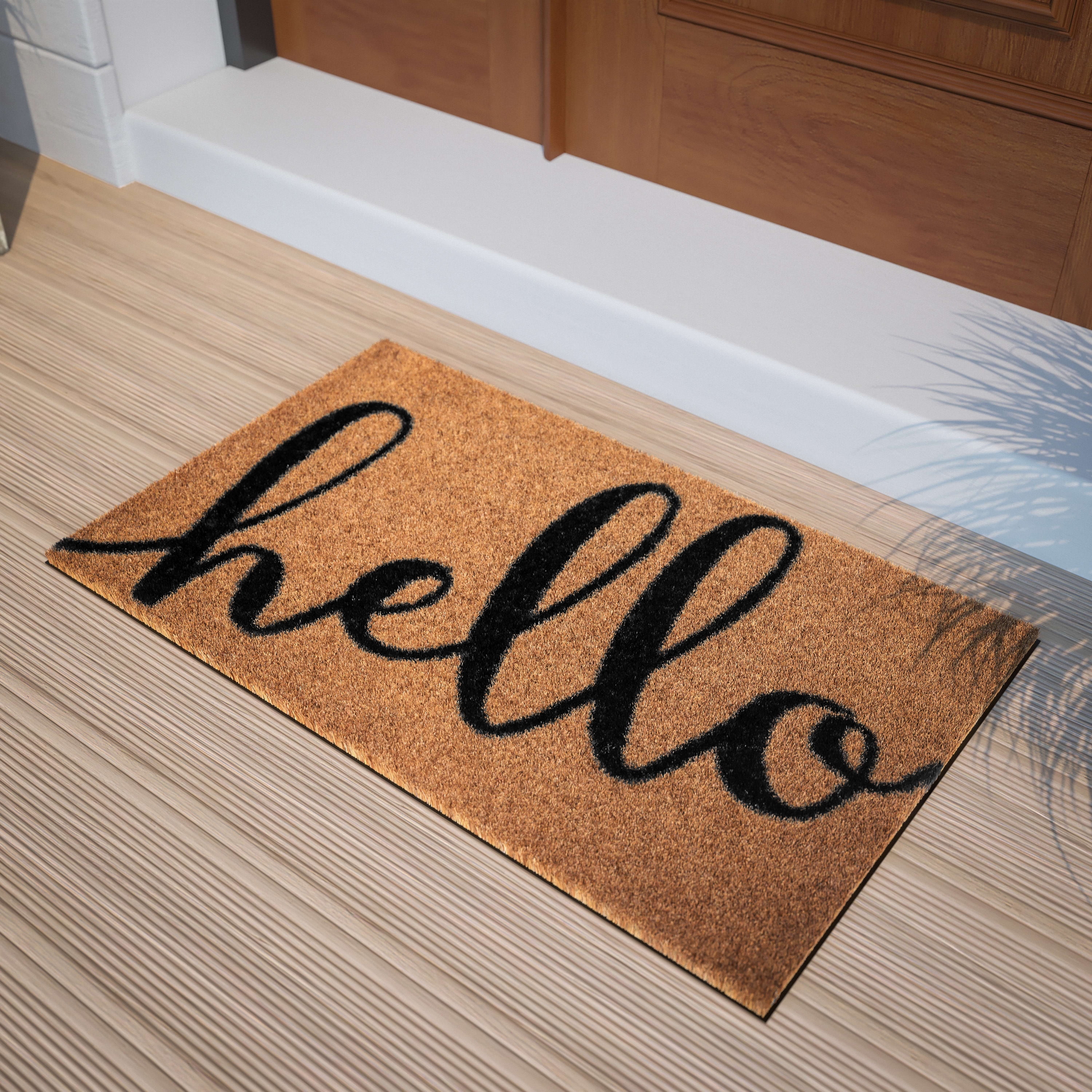BizChair 18" x 30" Indoor/Outdoor Natural Coir Doormat with Black Hello ...
