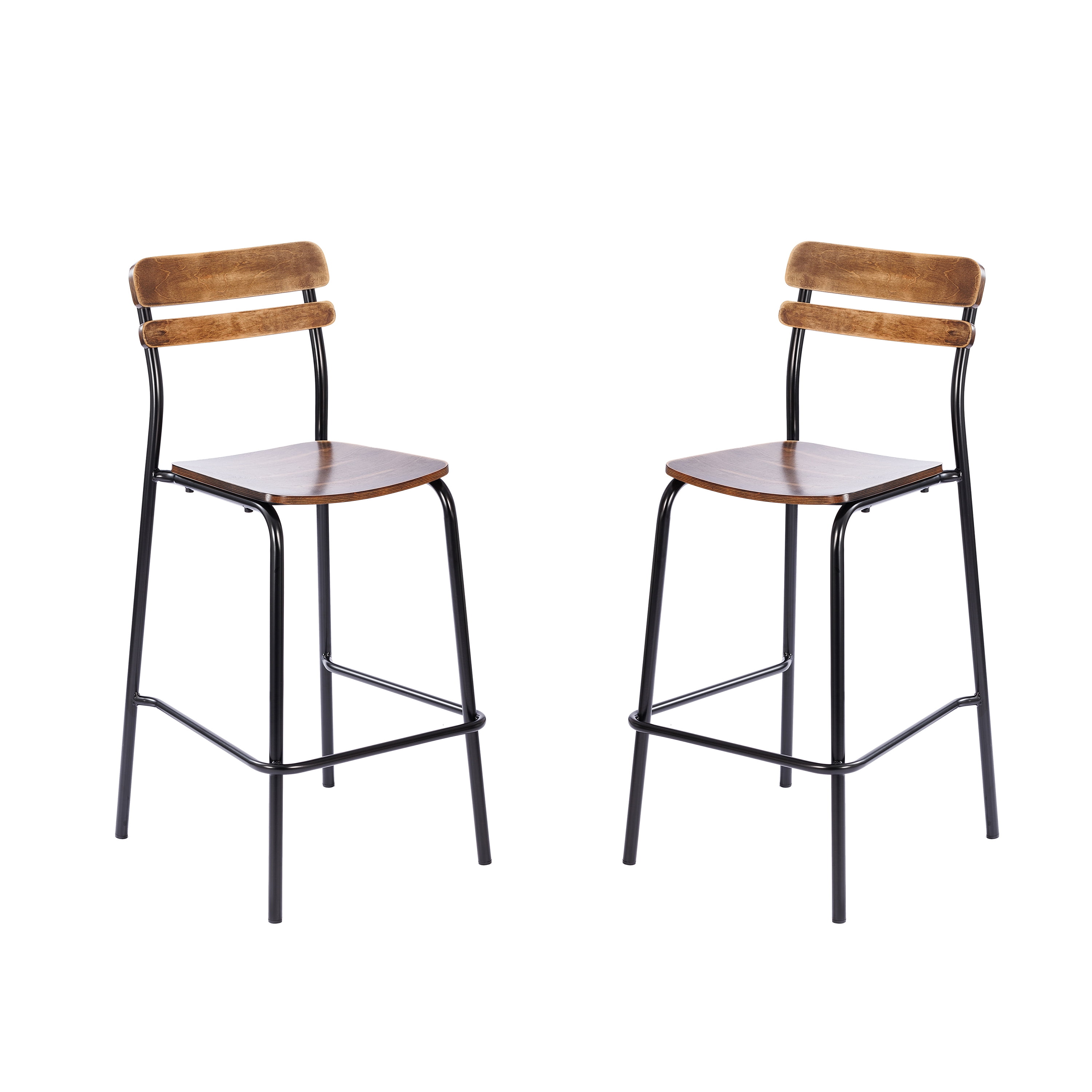 BizChair 2 Pack Commercial Grade Solid Wood Bar Stools with Black Metal ...