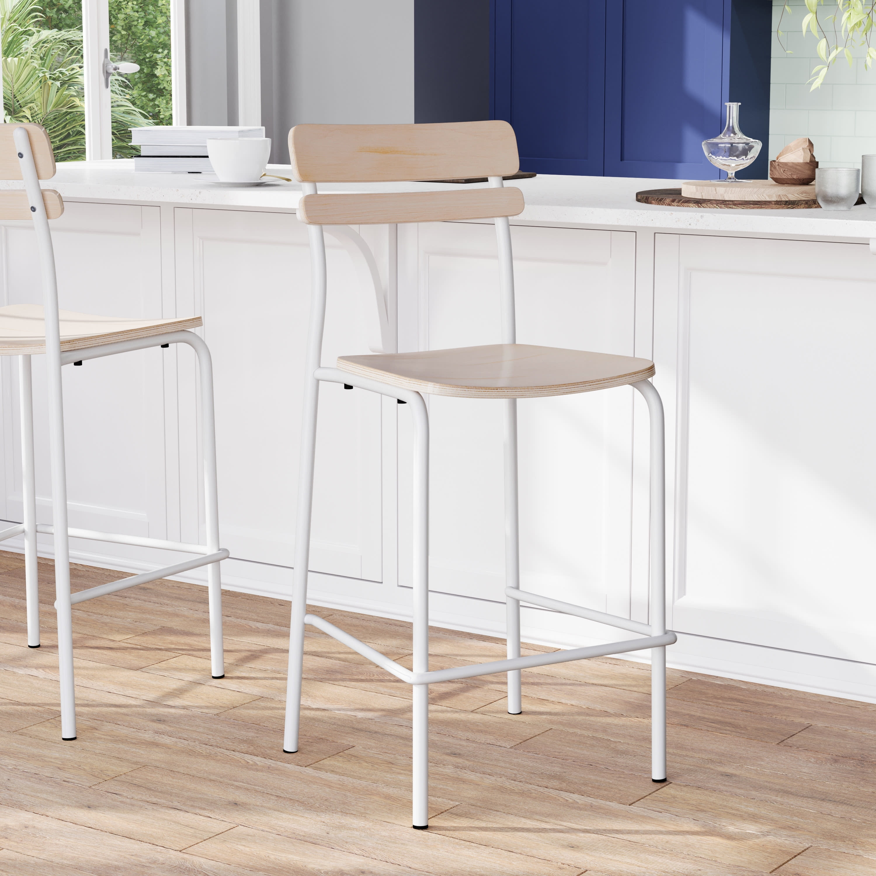 BizChair 2 Pack Commercial Grade Solid Wood Bar Stools with White Metal ...