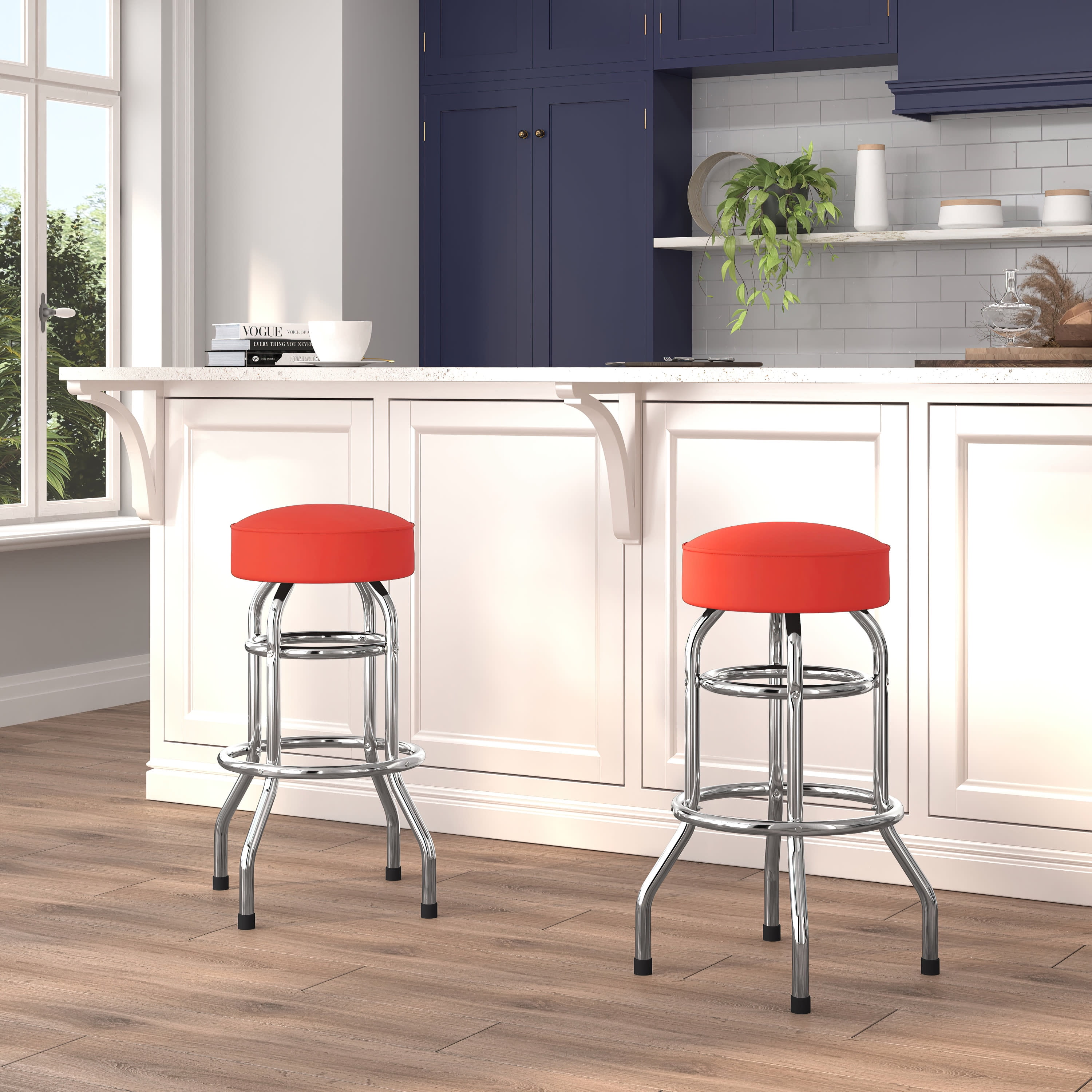 BizChair 2 Pack Double Ring Chrome Barstool with Red Seat - Walmart.com