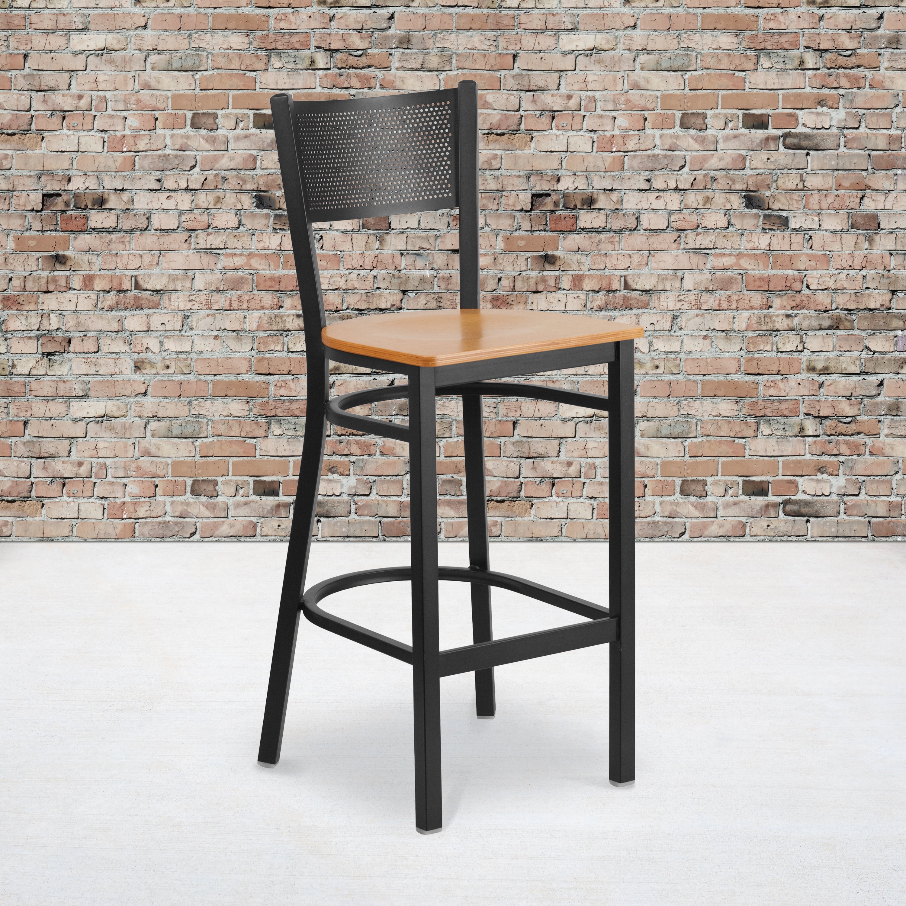 BizChair 2 Pk. Black Grid Back Metal Restaurant Barstool - Natural Wood ...