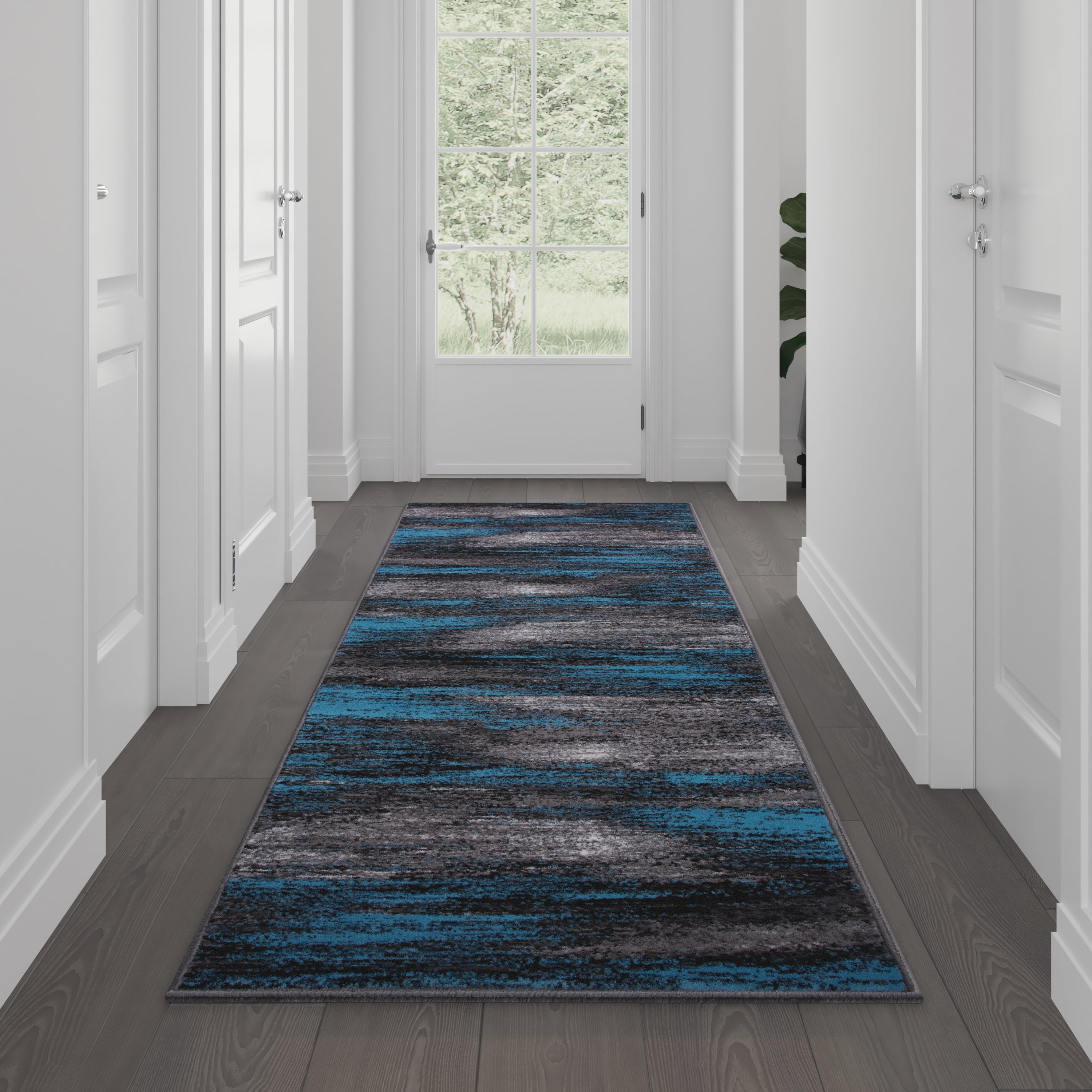BizChair 2' x 10' Blue Abstract Area Rug - Olefin Rug with Jute Backing ...