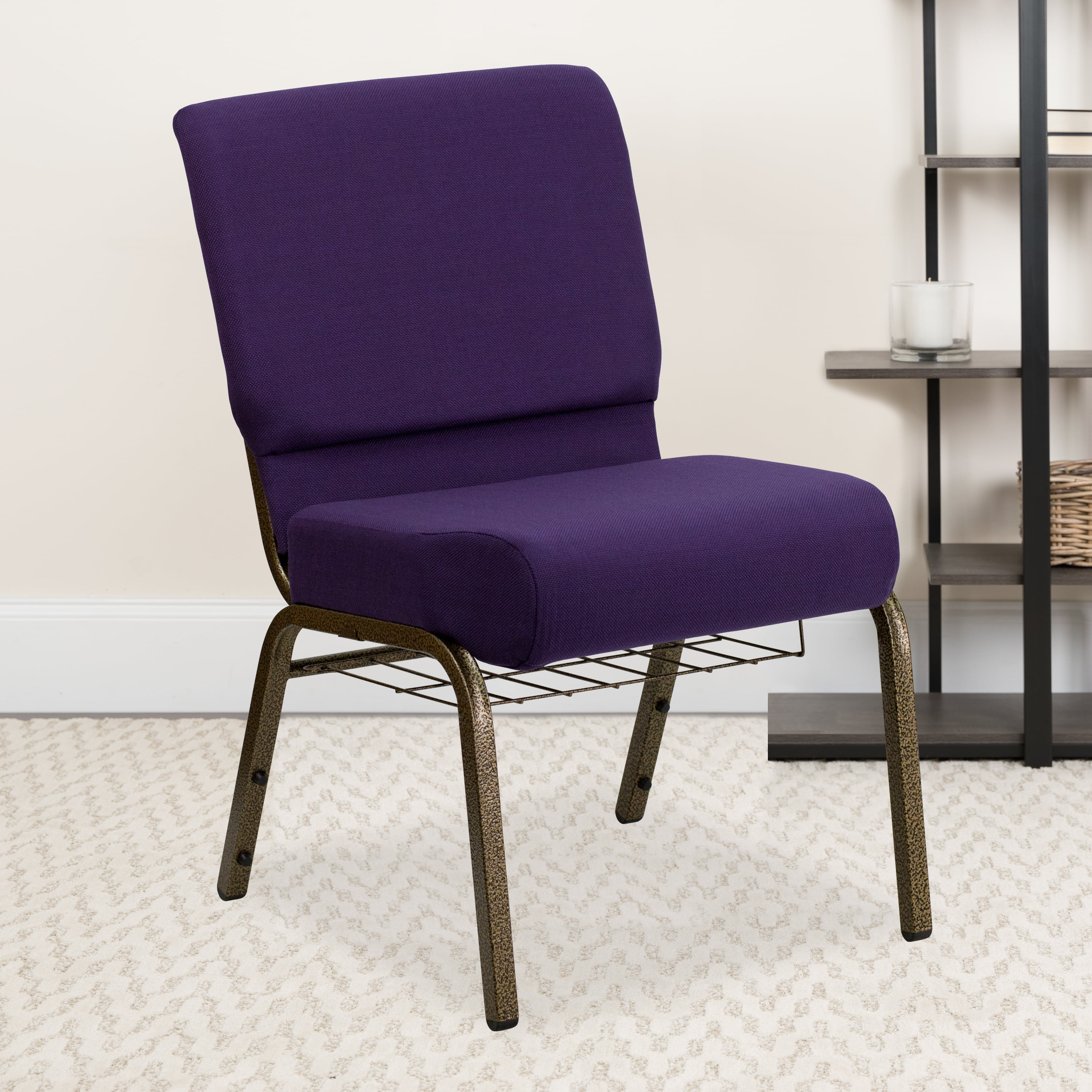 BizChair 21''W Church Chair in Royal Purple Fabric with Cup Book Rack ...