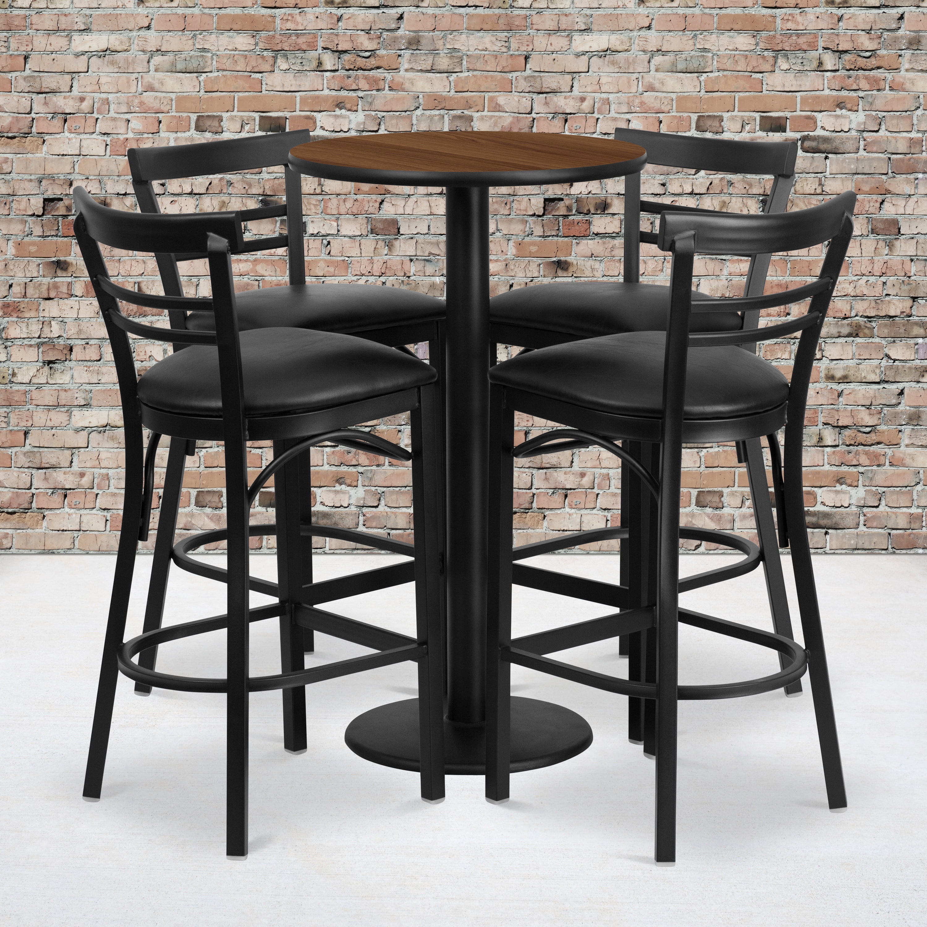 BizChair 24'' Round Walnut Laminate Table Set with Round Base and 4 Two ...
