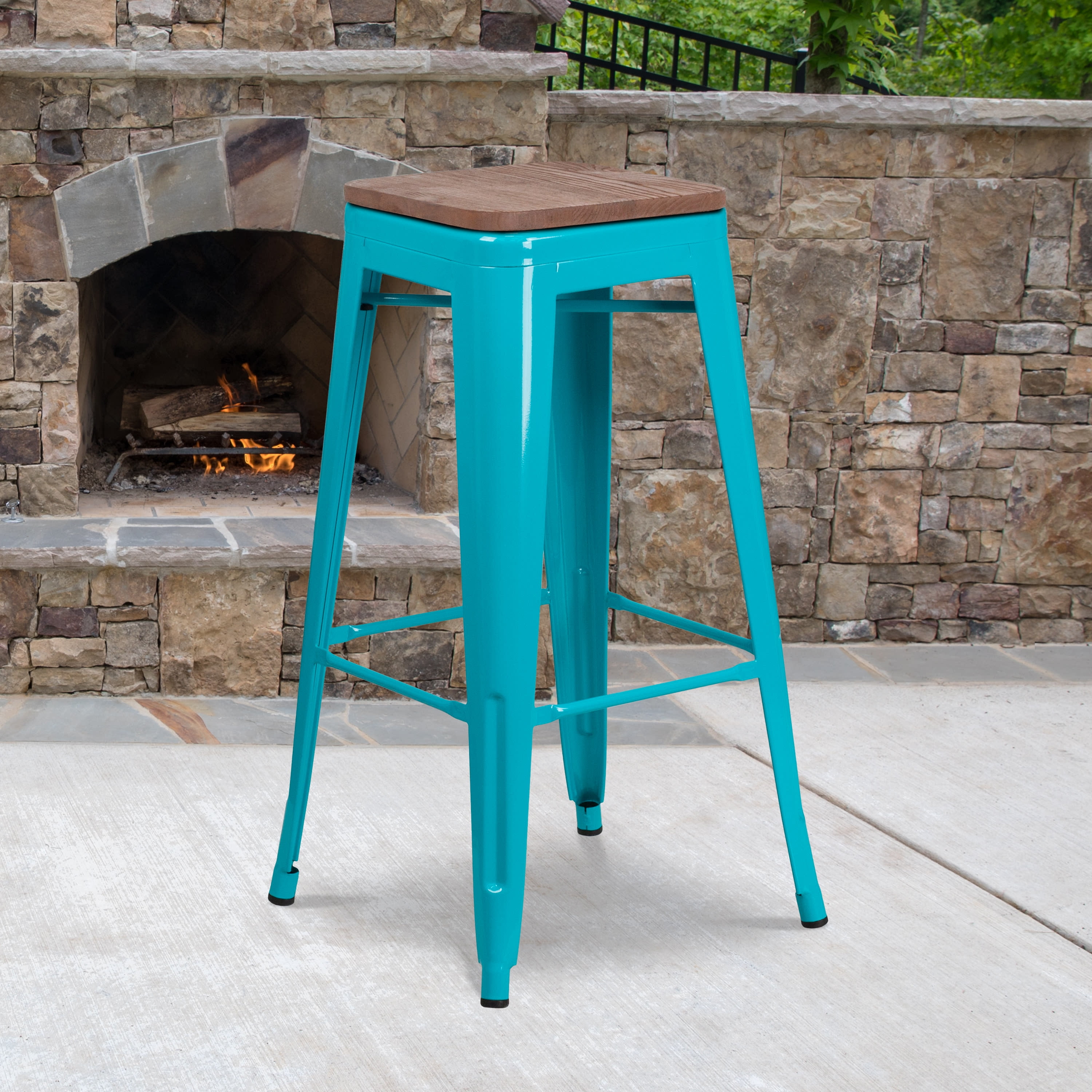 BizChair 30" High Backless Crystal Teal-Blue Barstool with Square Wood ...