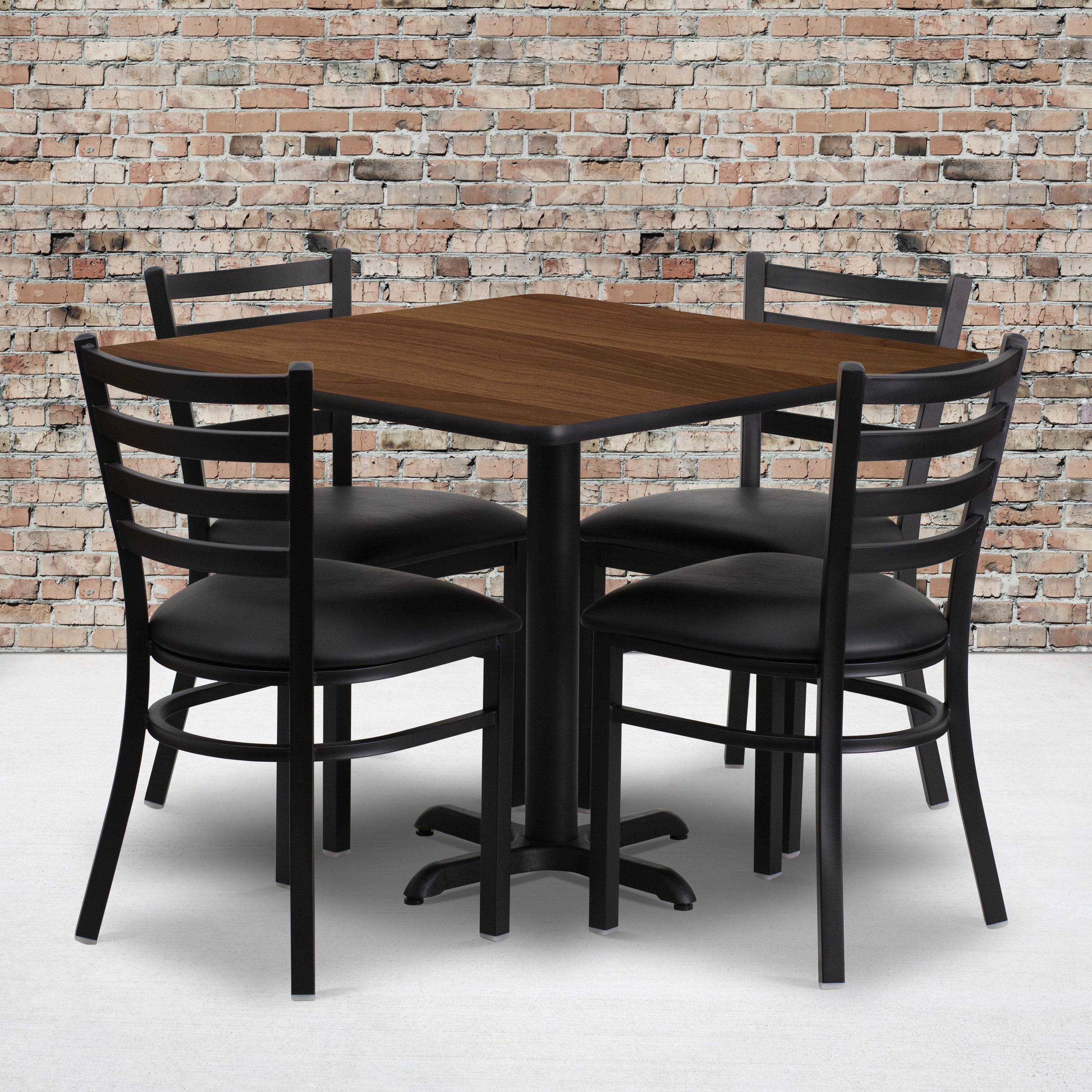 BizChair 36'' Square Walnut Laminate Table Set with X-Base and 4 Ladder ...
