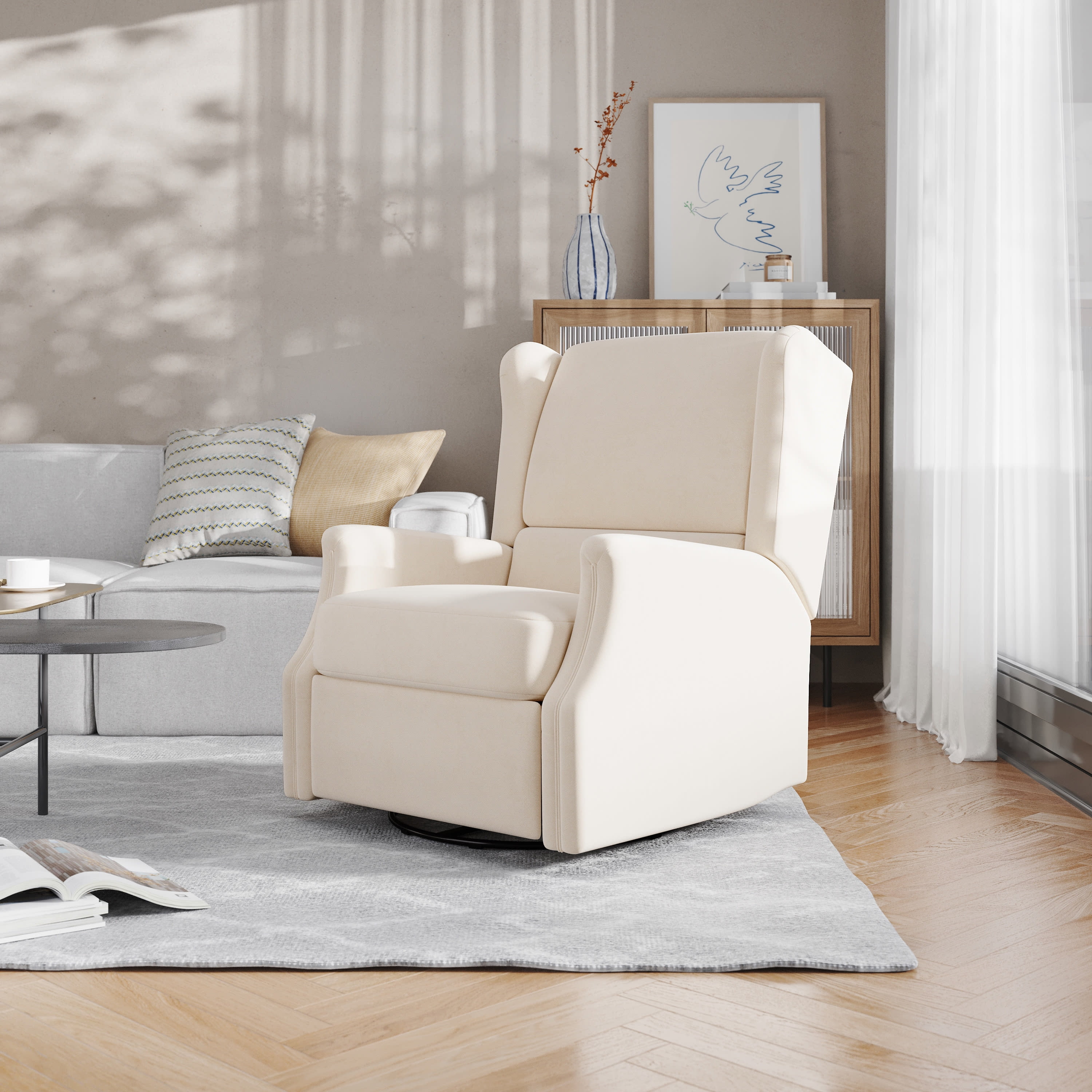 BizChair 360° Wingback Living Room Manual Swivel Glider Recliner, Cream ...