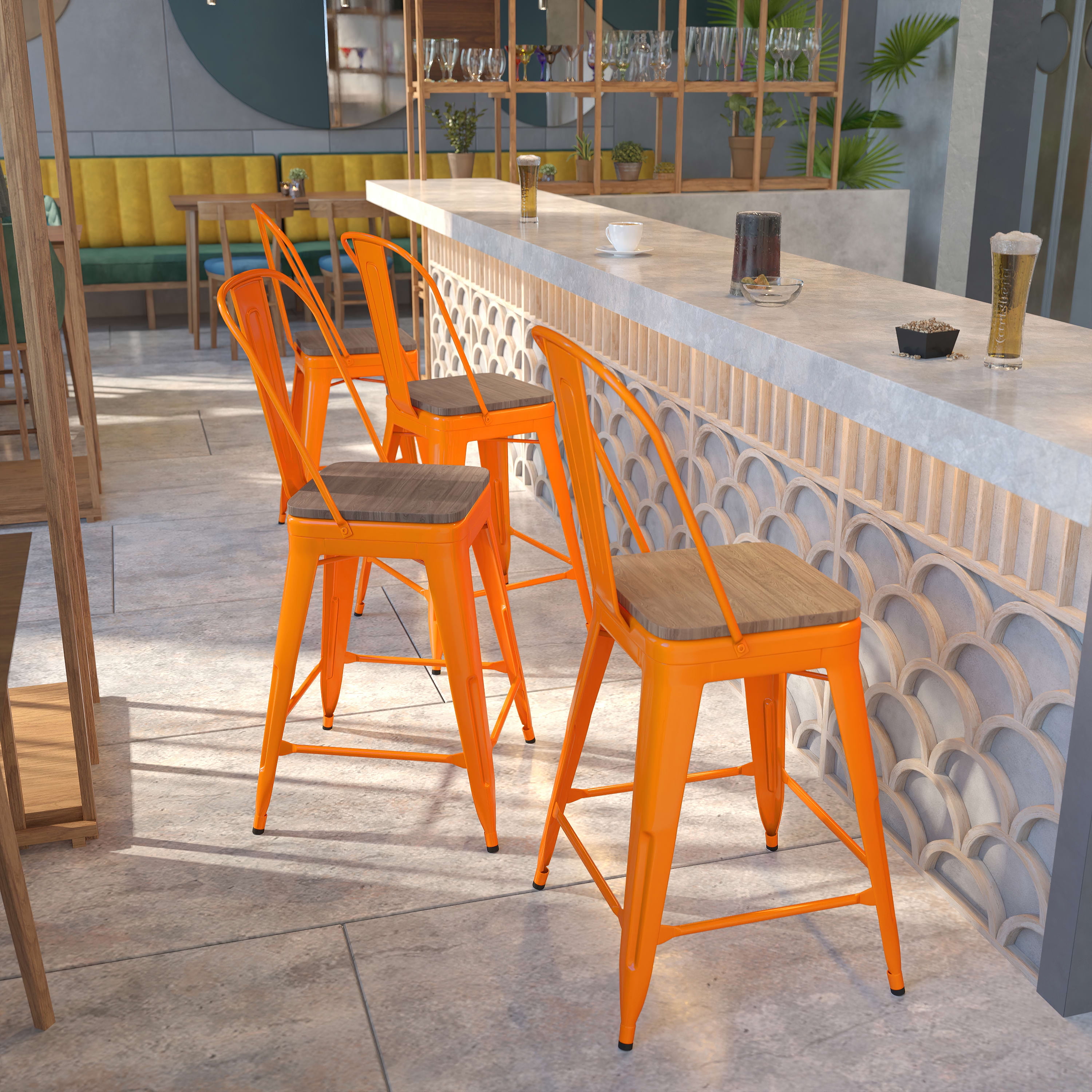 BizChair 4 Pk. 24" High Orange Metal Counter Height Stool with Back and ...