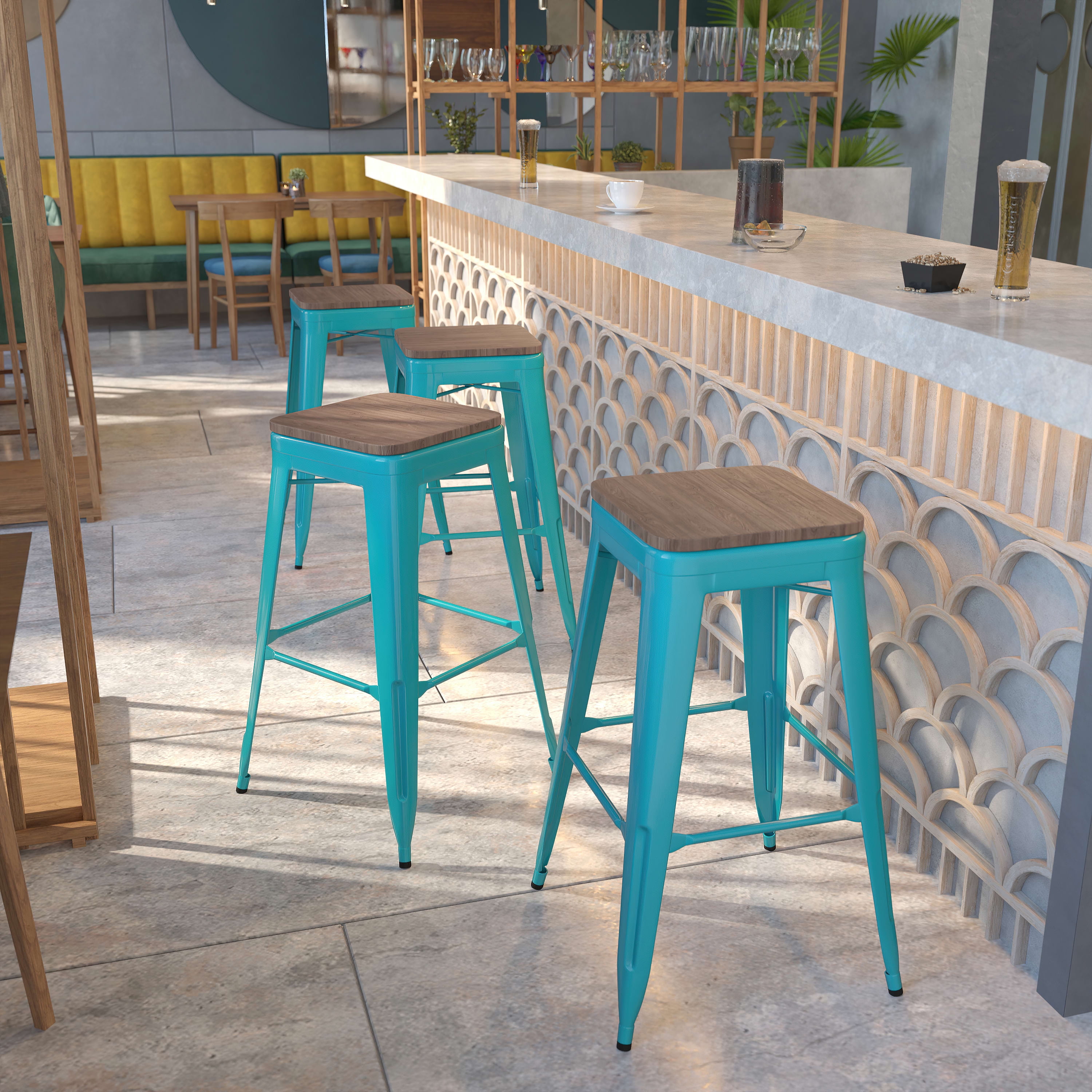 BizChair 4 Pk. 30" High Backless Crystal Teal-Blue Barstool with Square ...