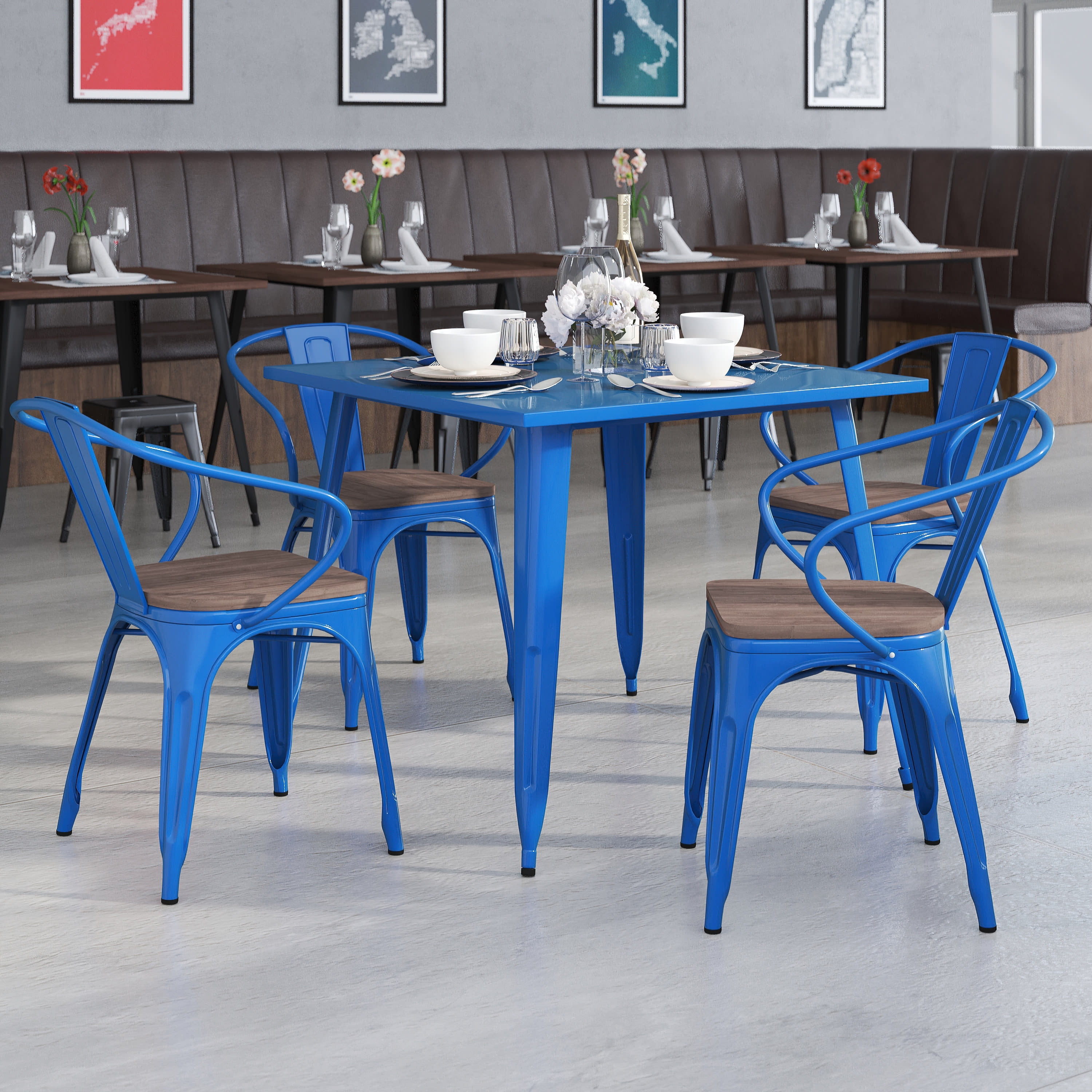 BizChair 4 Pk. Blue Metal Chair with Wood Seat and Arms - Walmart.com