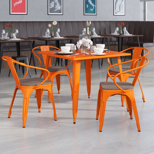 BizChair 4 Pk. Orange Metal Chair with Wood Seat and Arms - Walmart.com