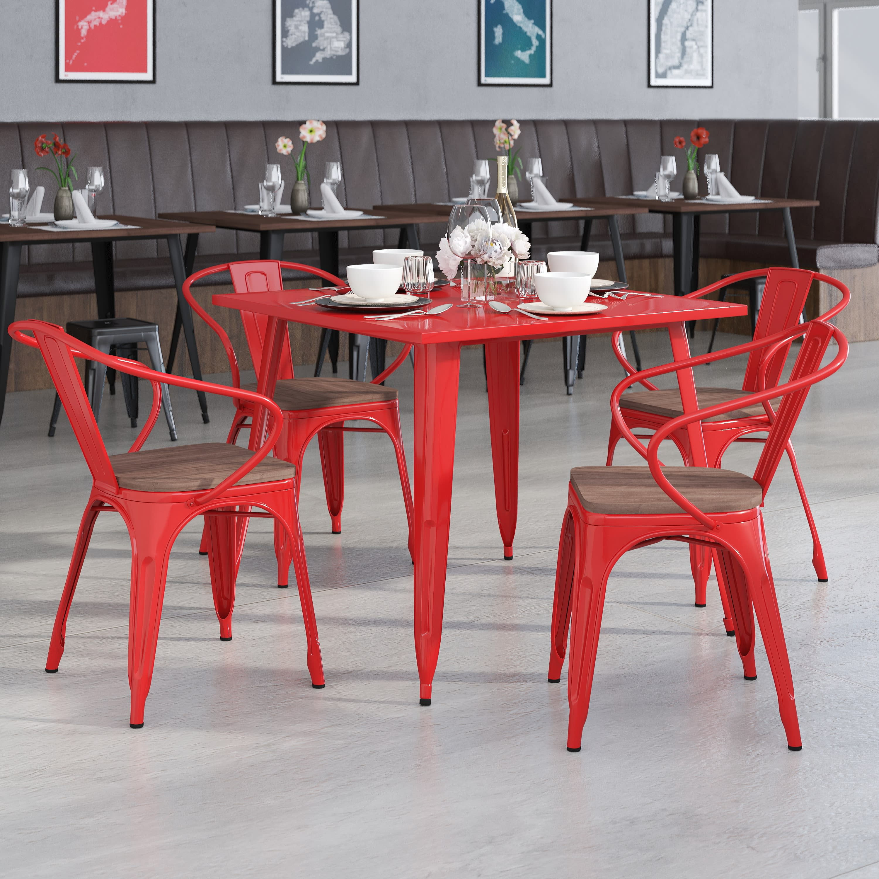 BizChair 4 Pk. Red Metal Chair with Wood Seat and Arms - Walmart.com