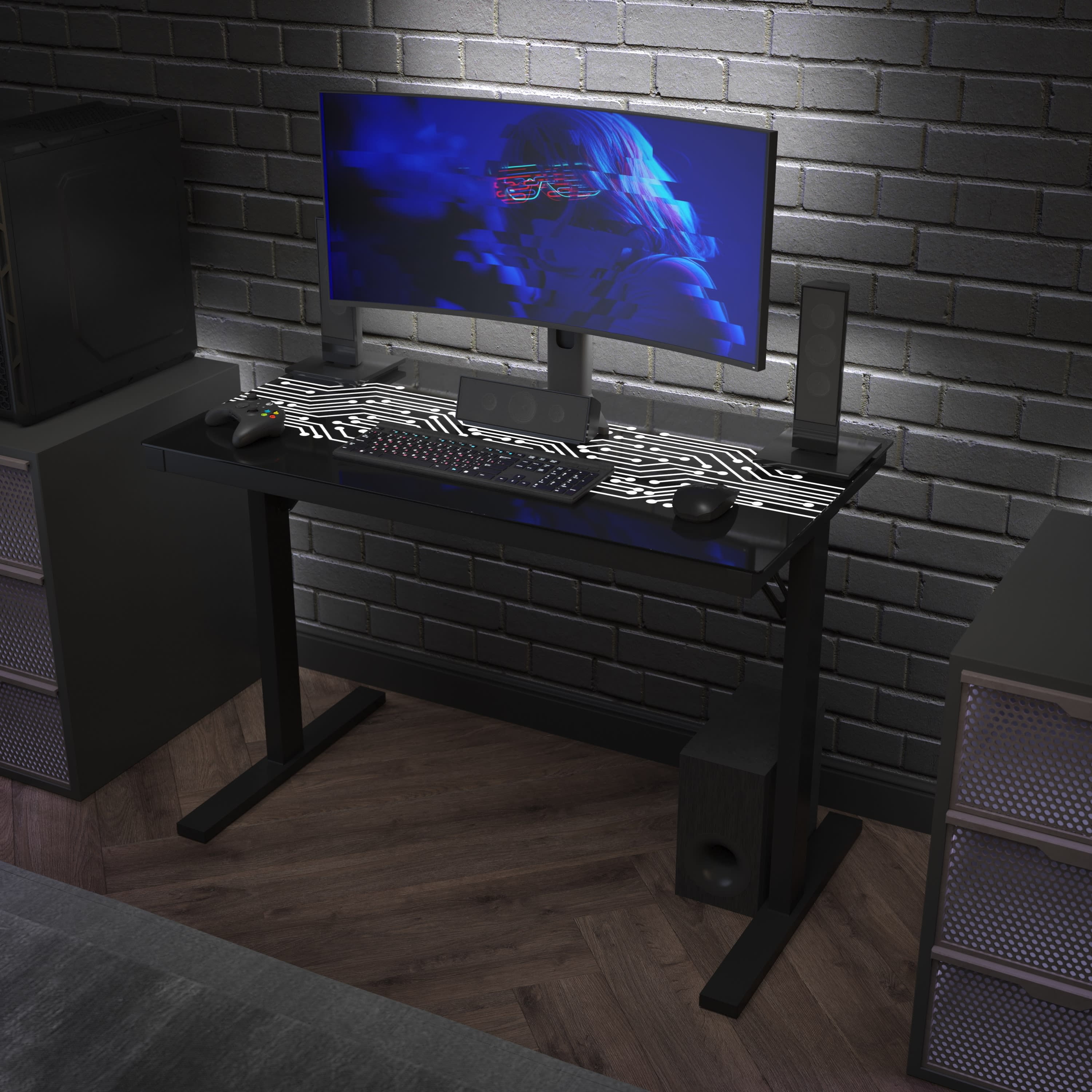 BizChair 43 Commercial Grade Gaming Desk with LED Lights Tempered Glass Desktop Home or Office Computer Table Steel Frame with LED Light Remote