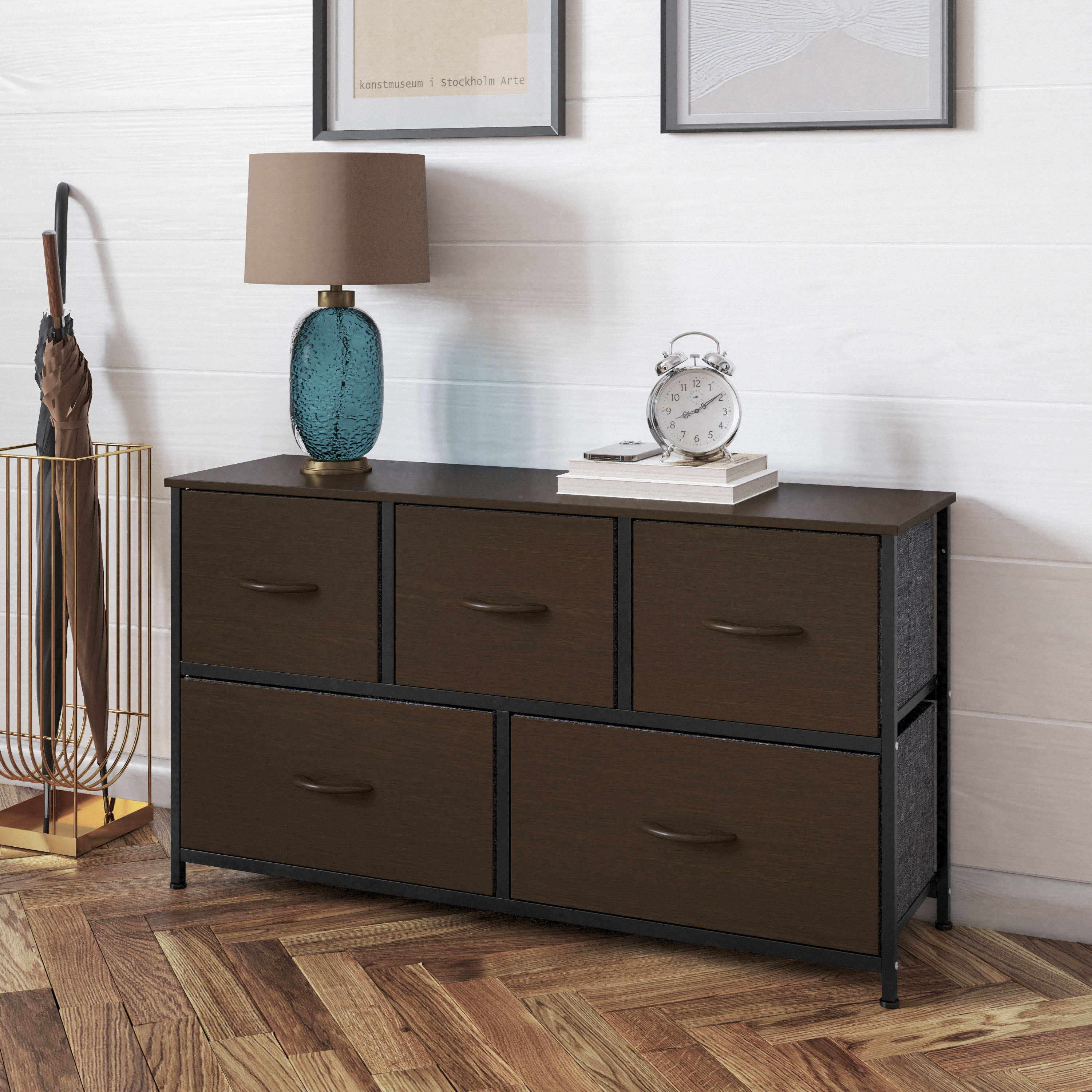 BizChair 5-Drawer Storage Dresser with Black Cast Iron Frame and Brown ...