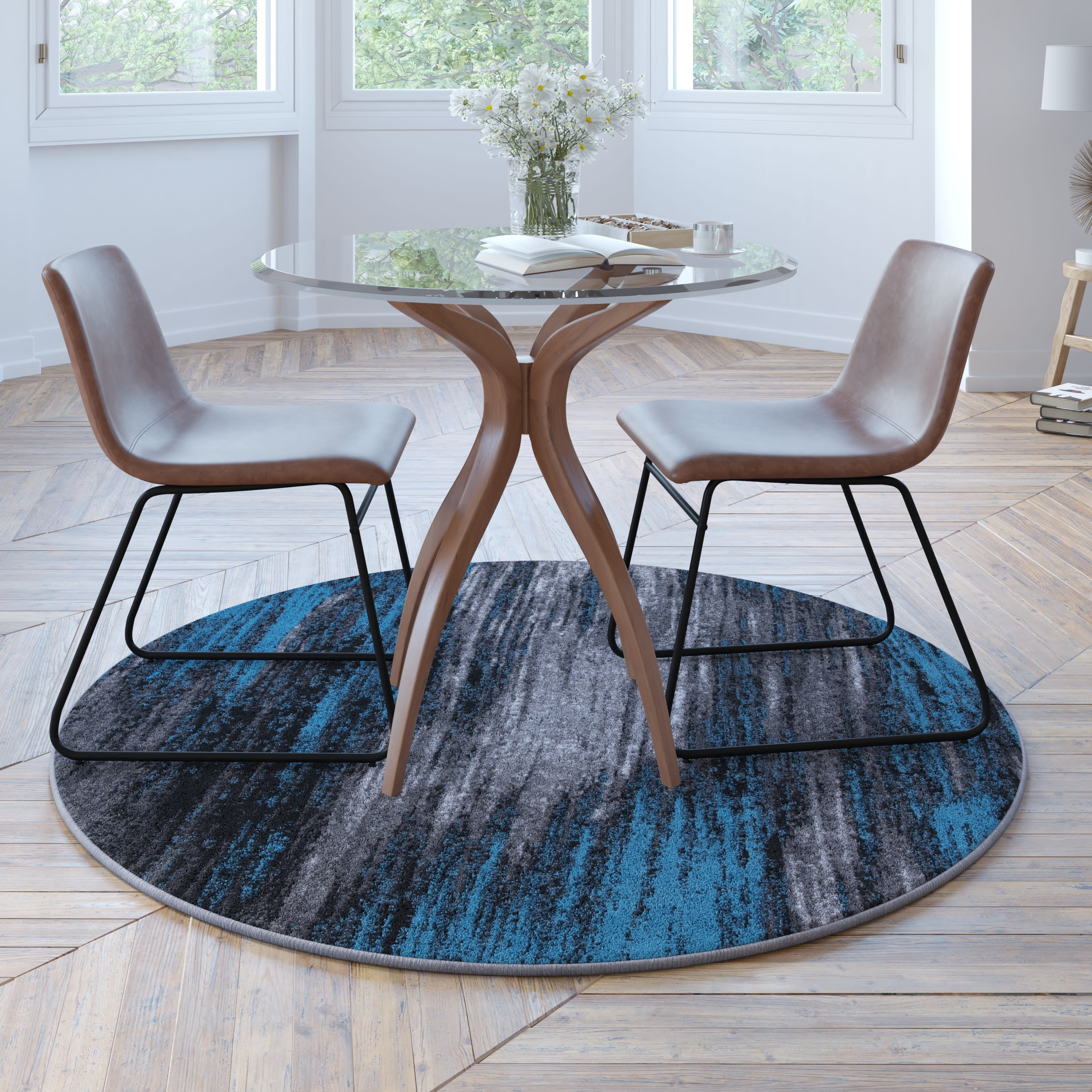 BizChair 5' x 5' Round Blue Abstract Area Rug - Olefin Rug with Jute ...