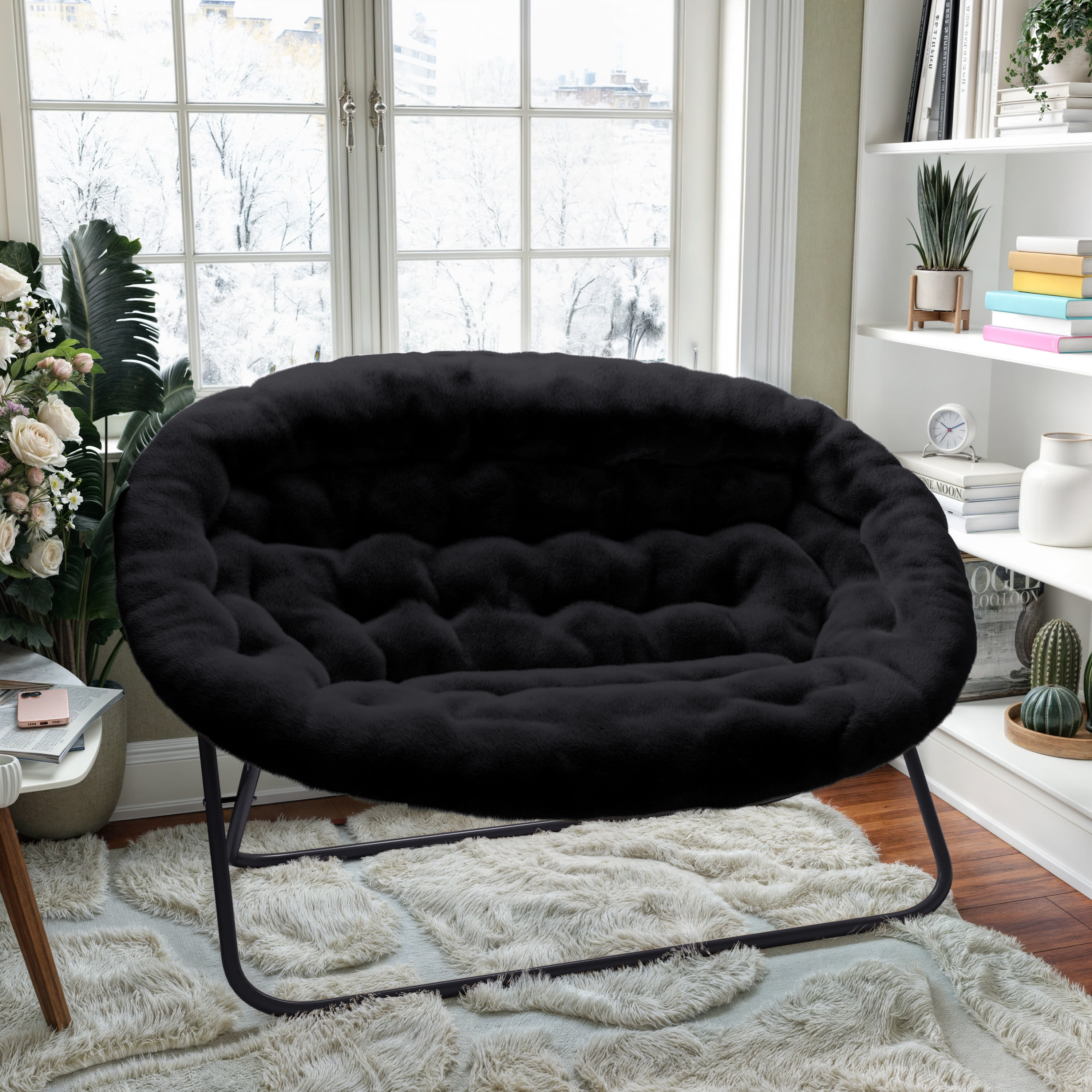 BizChair 56" Portable Folding Double Saucer Chair in Black Faux Fur ...