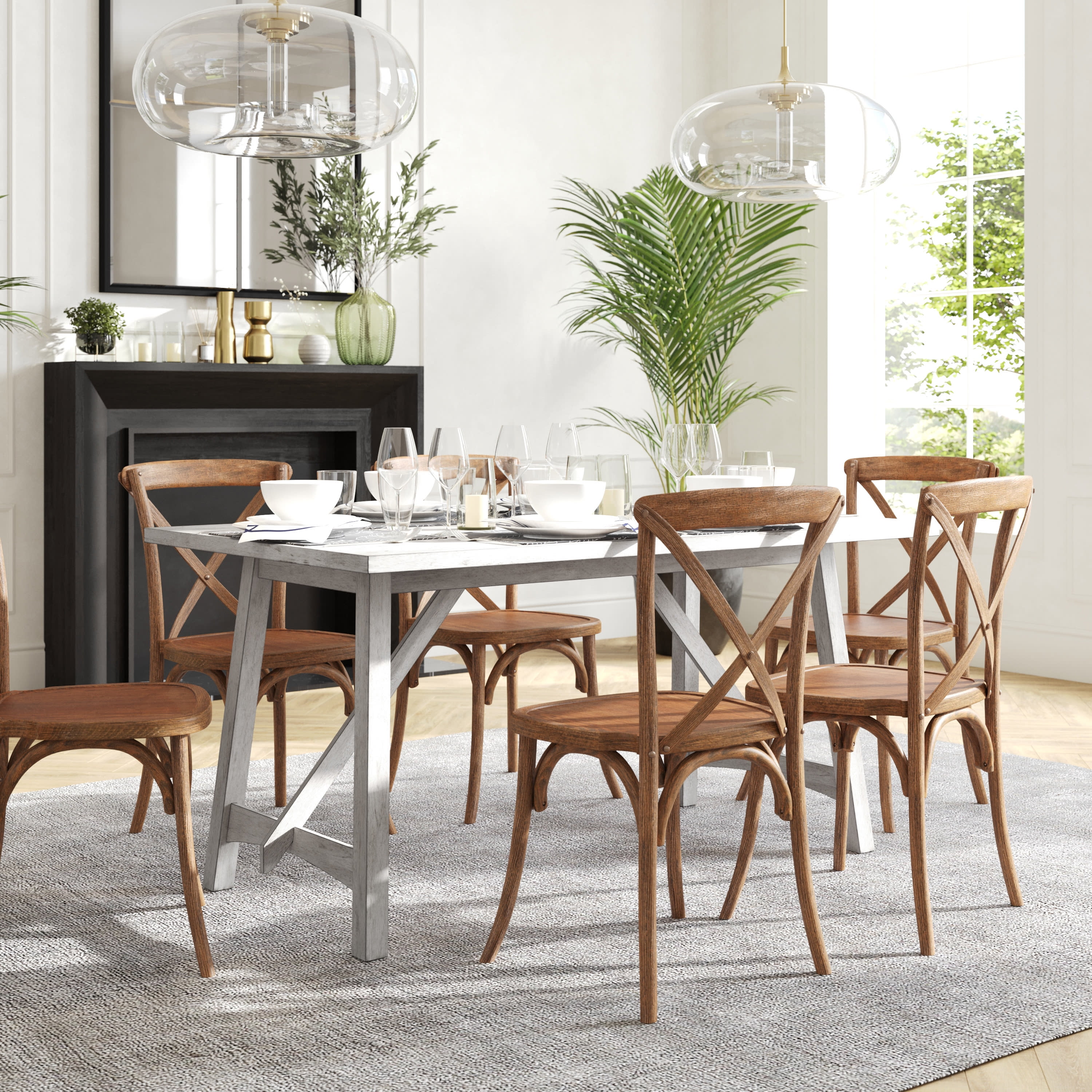 BizChair 60" Solid Wood Trestle Base Dining Table, Farmhouse Style ...