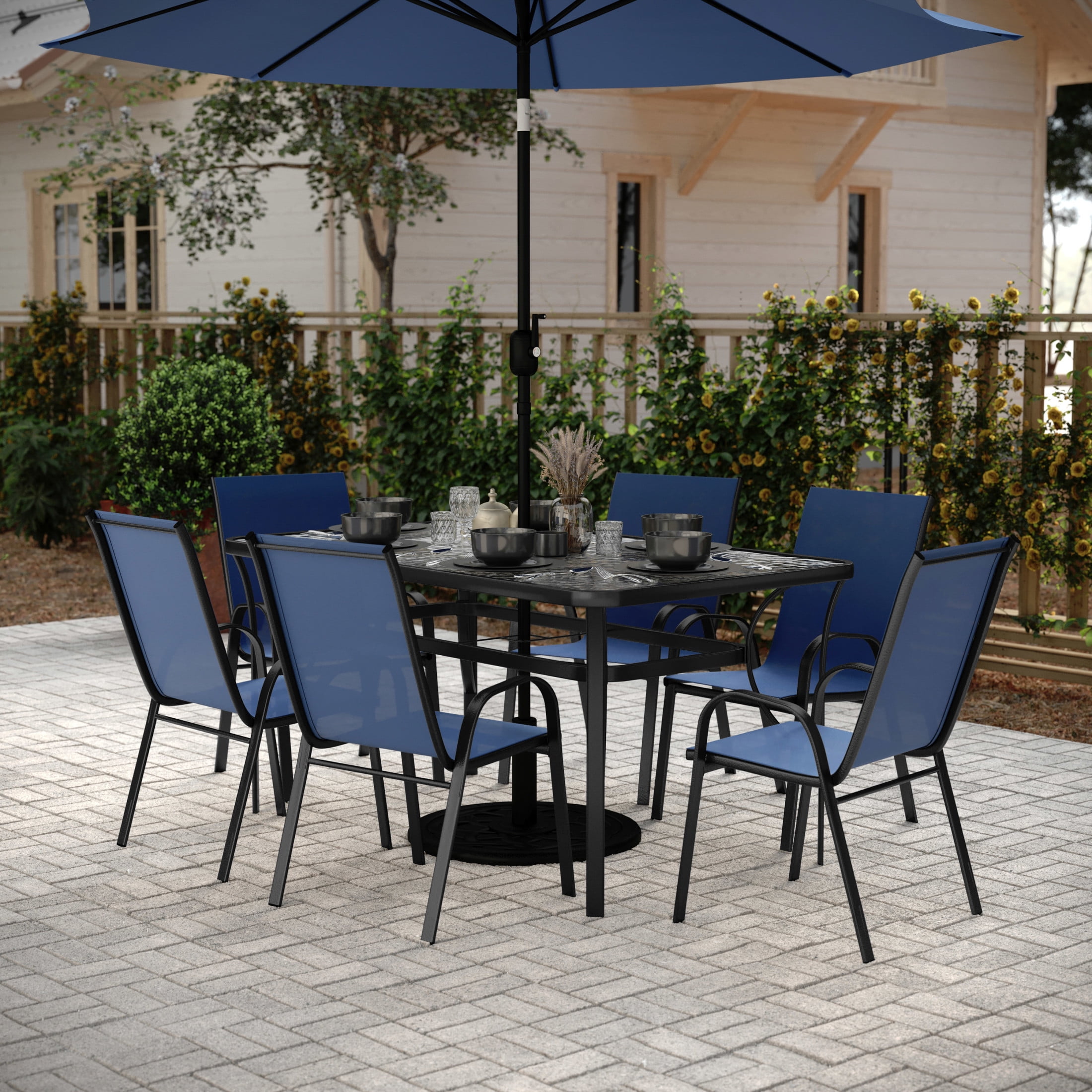 BizChair 7 Piece Commercial Grade Patio Dining Set with Tempered Glass ...